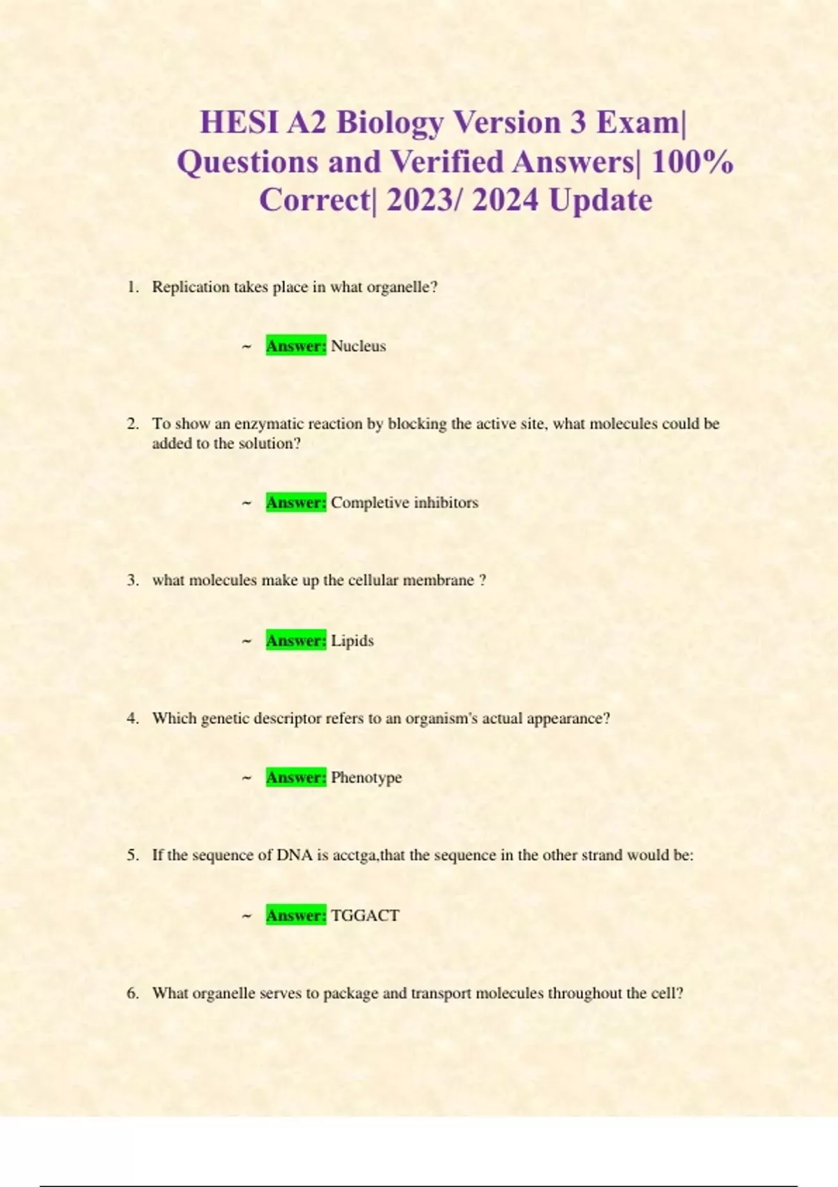 HESI A2 Biology Version 3 Exam| Questions and Verified Answers| 100% ...