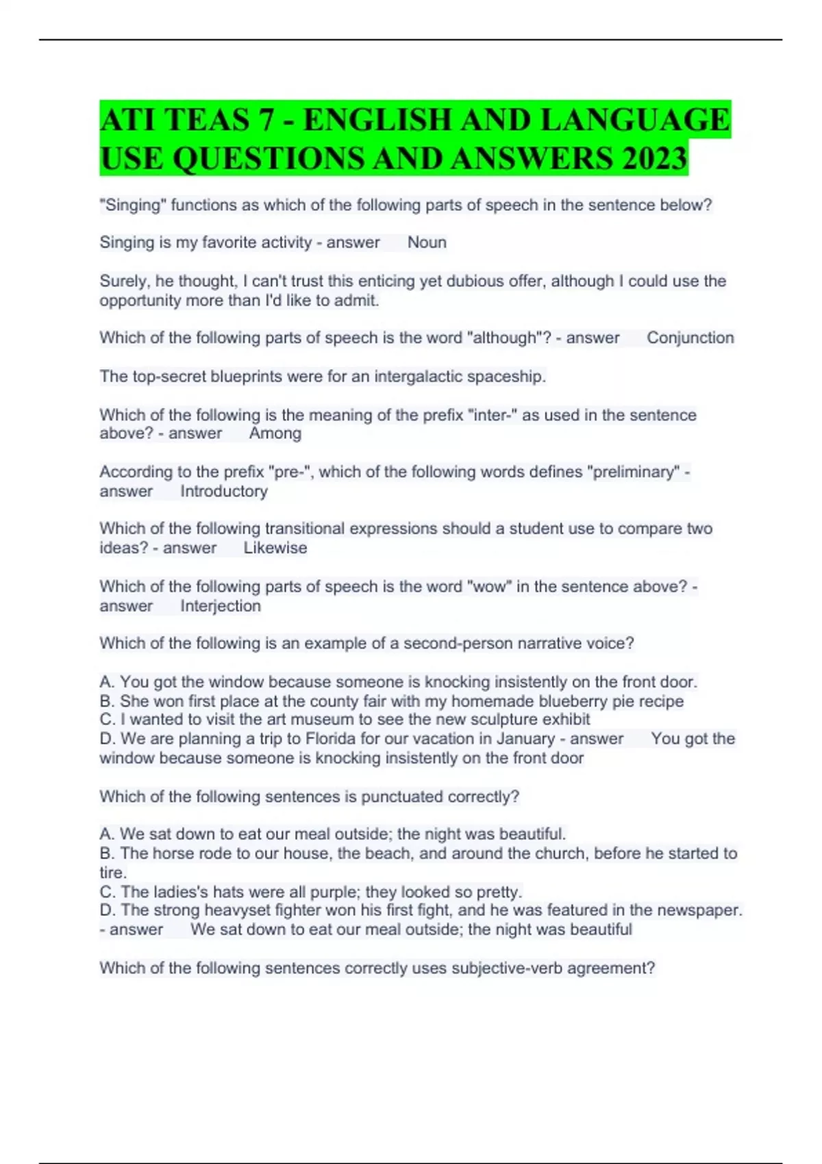 ATI TEAS 7 - ENGLISH AND LANGUAGE USE QUESTIONS AND ANSWERS 2023 - ATI TEAS 7 - Stuvia US