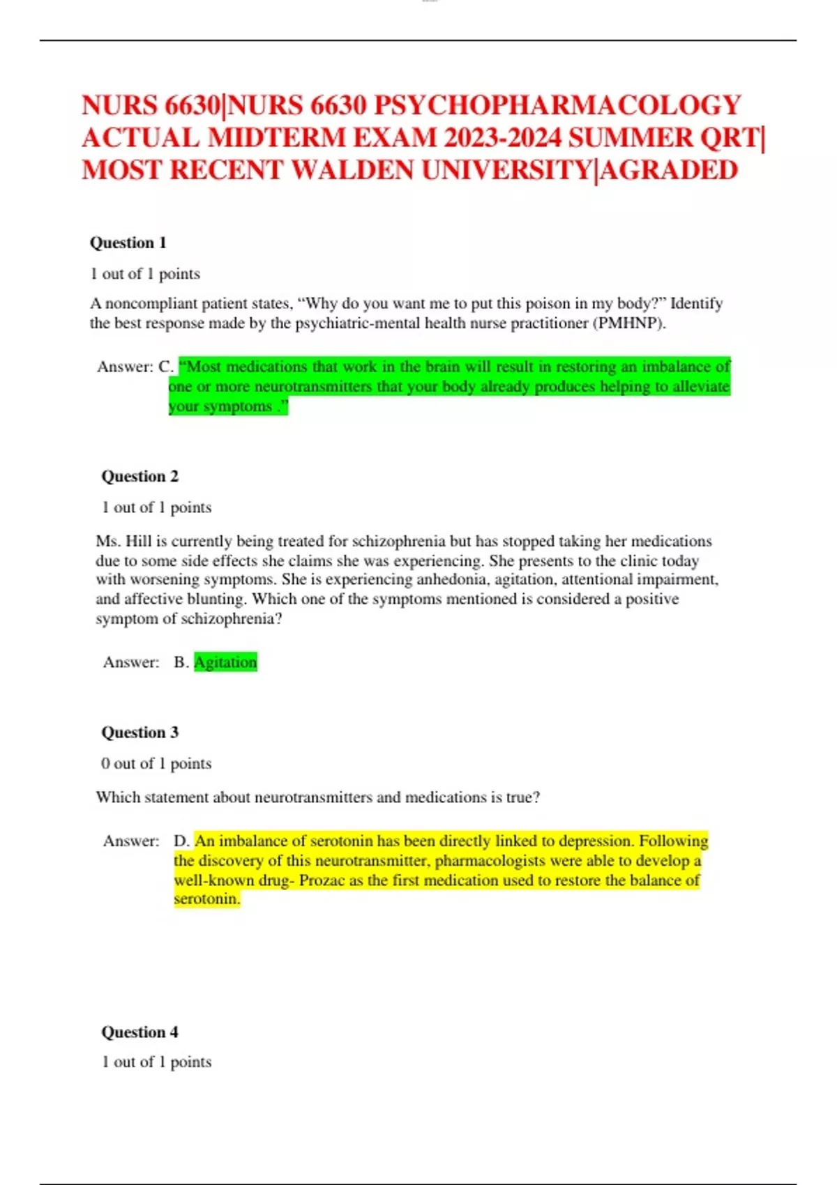 NURS 6630|NURS 6630 PSYCHOPHARMACOLOGY ACTUAL MIDTERM EXAM SUMMER QRT| MOST RECENT WALDEN ...