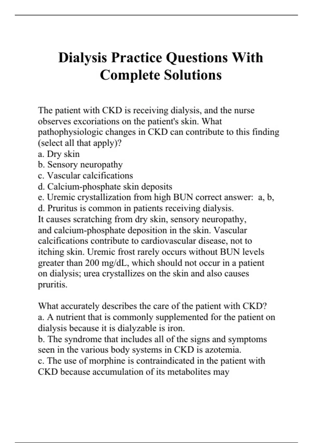 Dialysis Practice Questions With Complete Solutions - CDN - Stuvia US