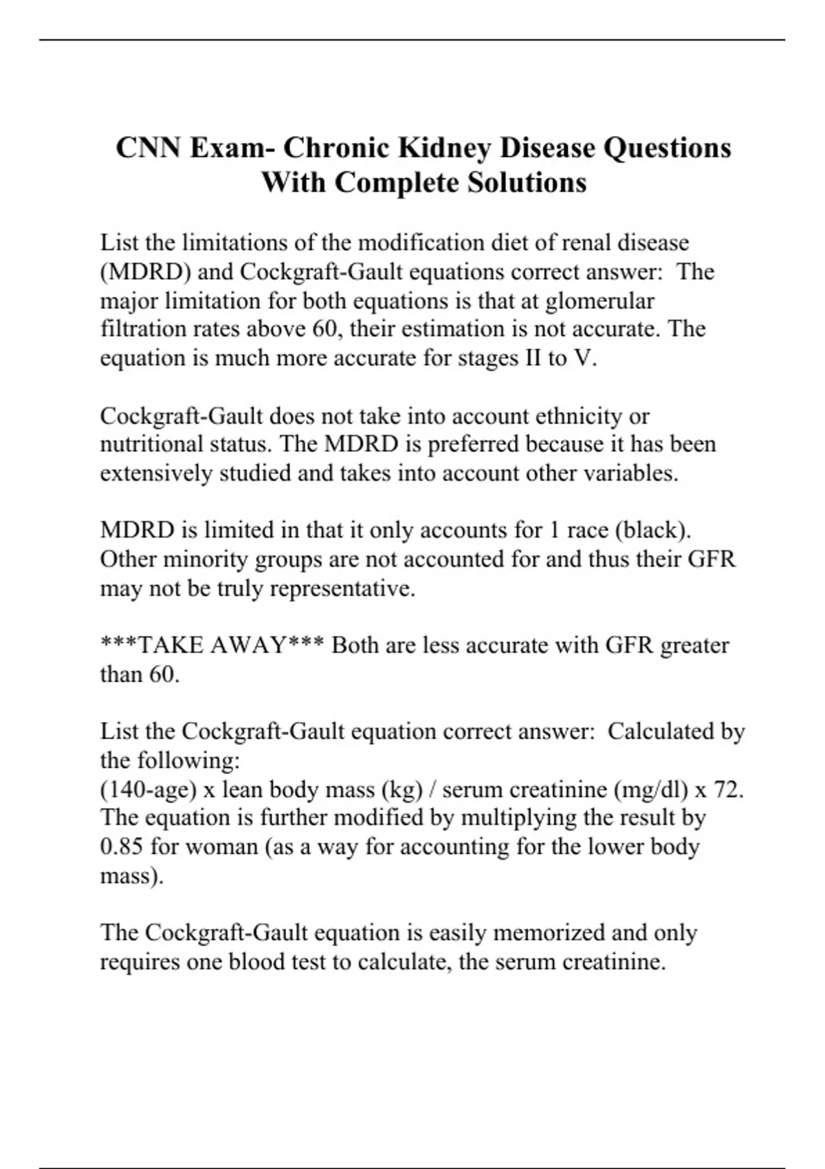 CNN Exam- Chronic Kidney Disease Questions With Complete Solutions ...