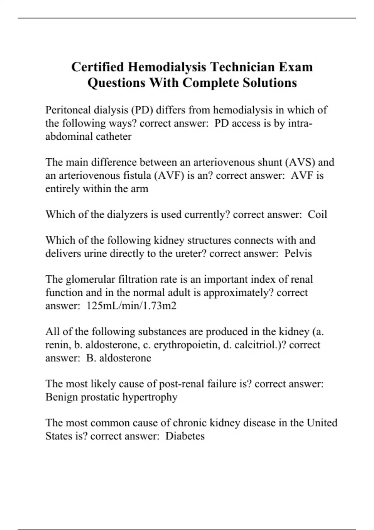 Certified Hemodialysis Technician Tests Compilation Bundle Stuvia Us