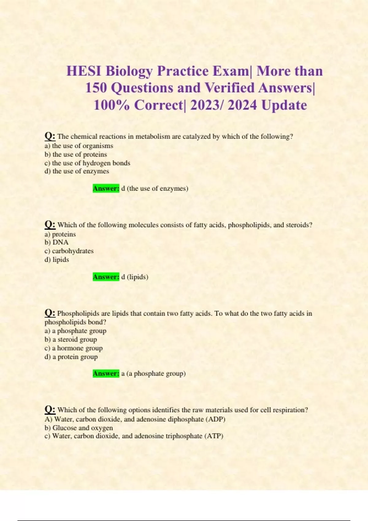 HESI Biology Practice Exam| More than 150 Questions and Verified ...