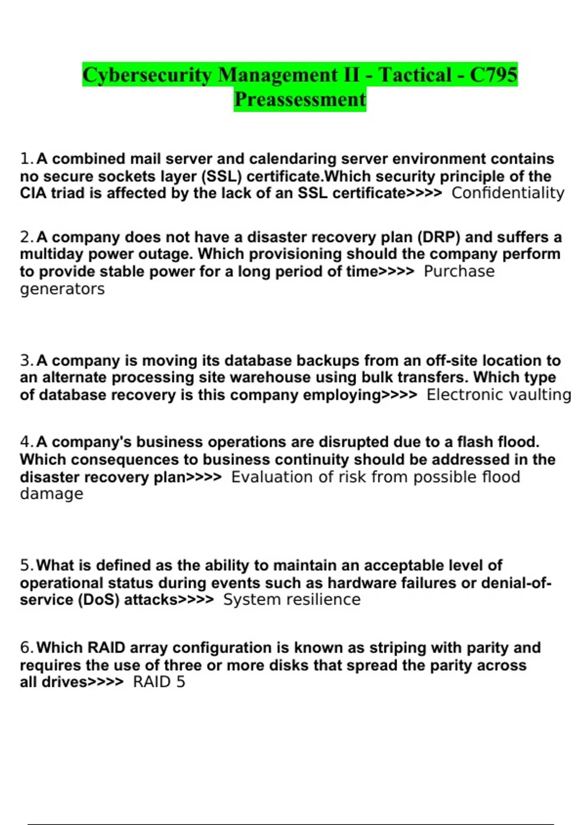 Cybersecurity Management II - Tactical - C795 Pre-assessment QUESTIONS ...