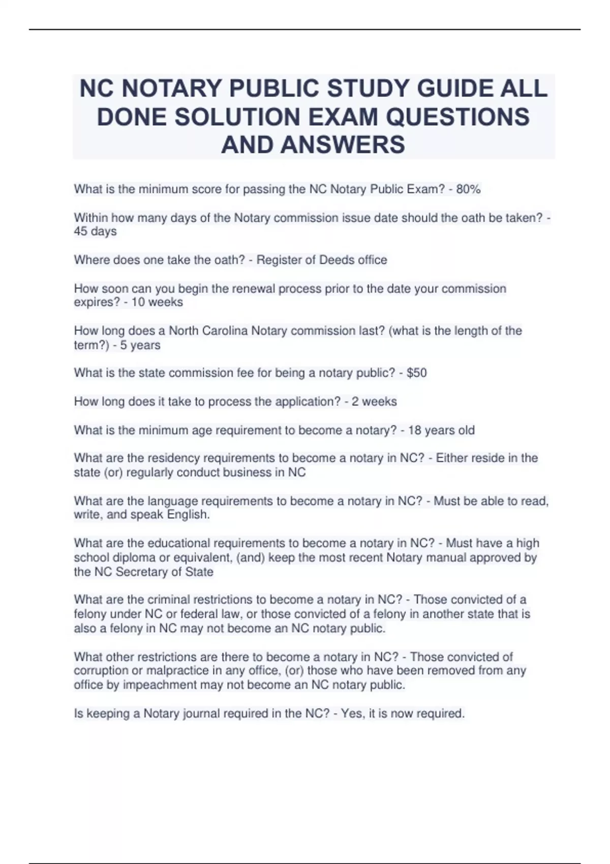 NC NOTARY PUBLIC STUDY GUIDE ALL DONE SOLUTION EXAM QUESTIONS AND NC NOTARY PUBLIC STUDY GUIDE ALL DONE SOLUTION EXAM QUESTIONS AND