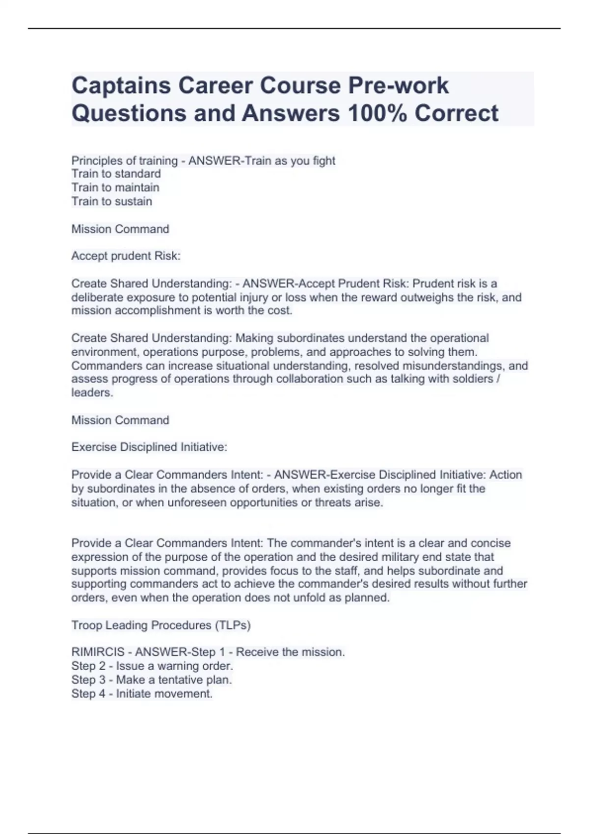 Captains Career Course Pre-work Questions and Answers 100% Correct ...