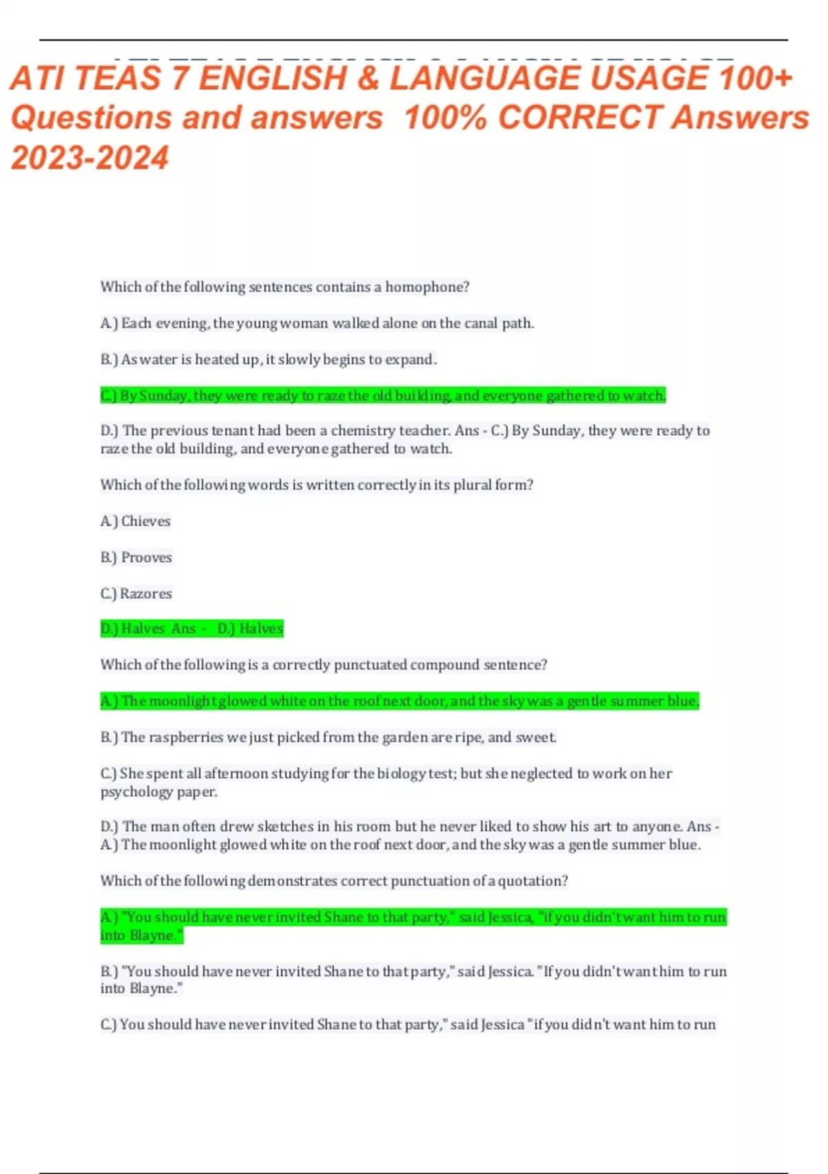 ATI TEAS 7 ENGLISH & LANGUAGE USAGE 100+ QUESTIONS AND 100% CORRECT ...