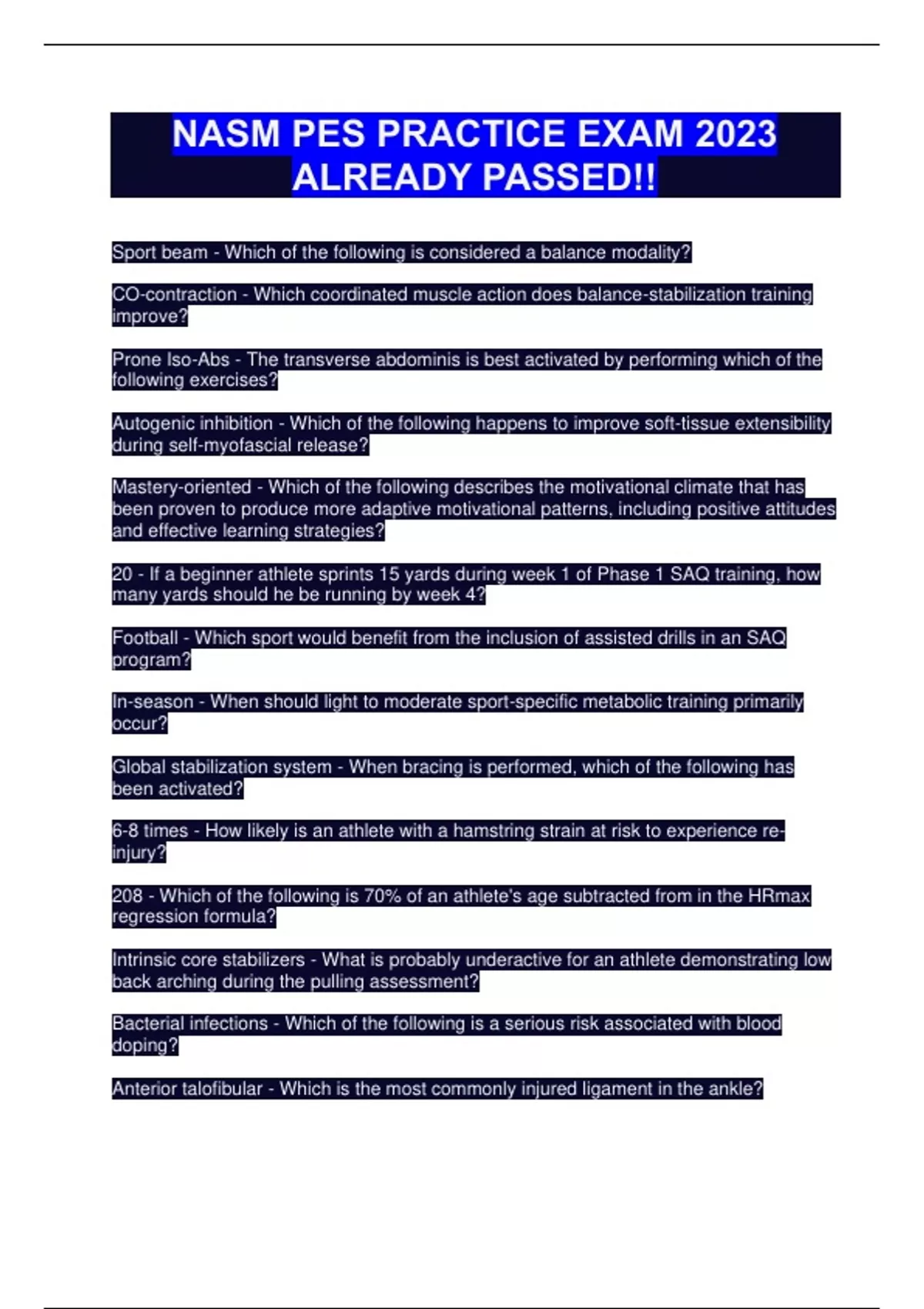 NASM PES PRACTICE EXAM 2023 ALREADY PASSED!! - NASM PES - Stuvia US