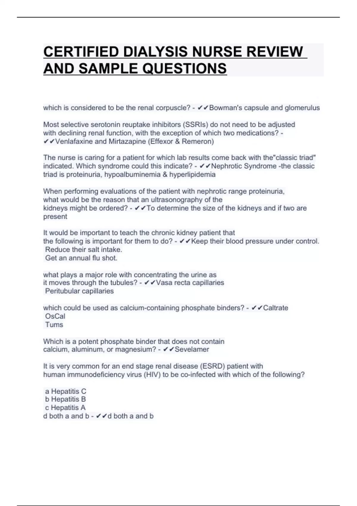 certified dialysis nurse review and sample questions - HSA - Health ...