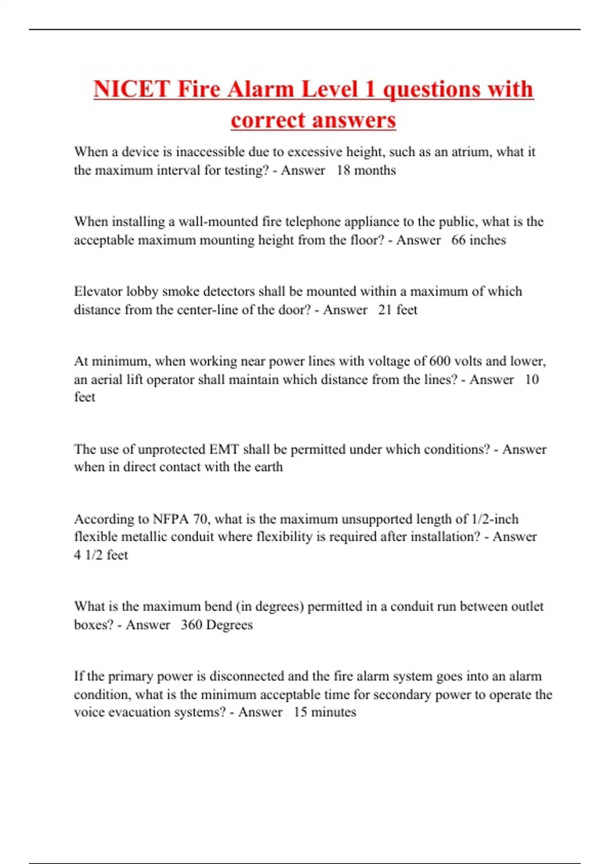 NICET Fire Alarm Level 1 questions with correct answers - NICET I/II ...