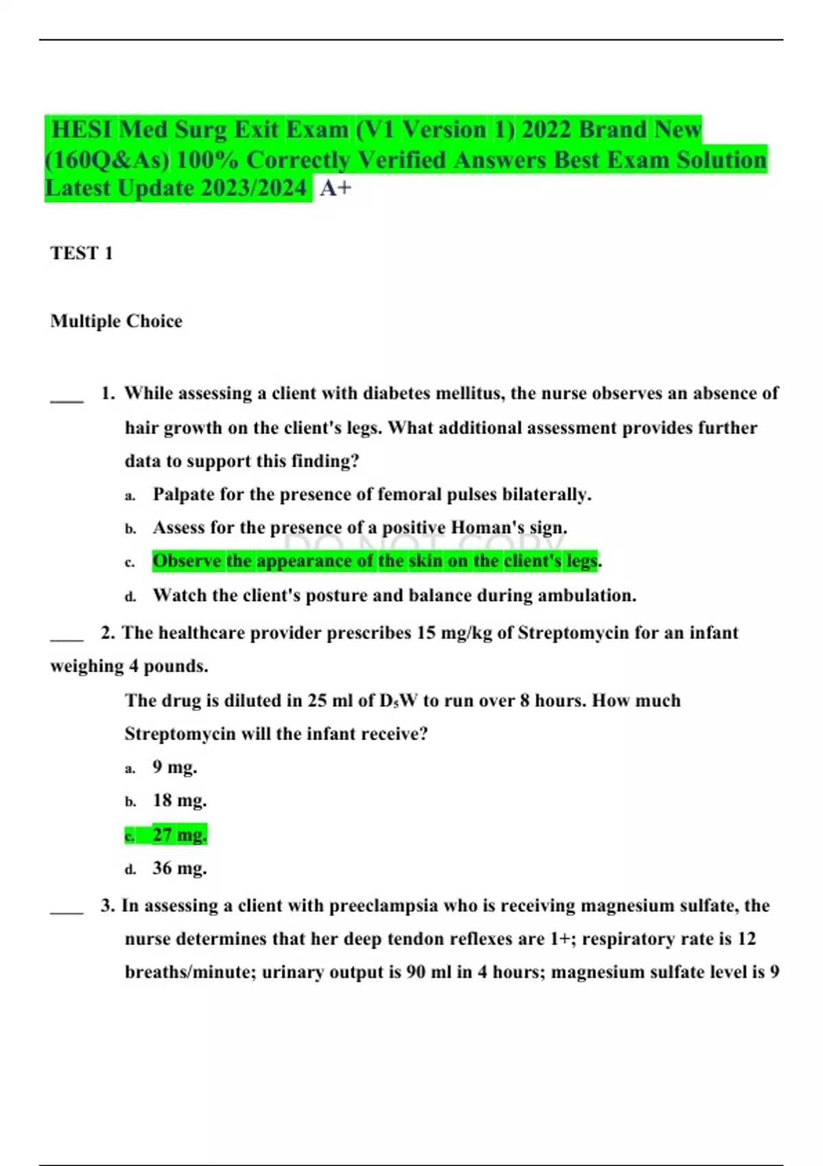 HESI Med Surg Exit Exam (V1 Version 1) 2022 Brand New (160Q&As) 100% ...