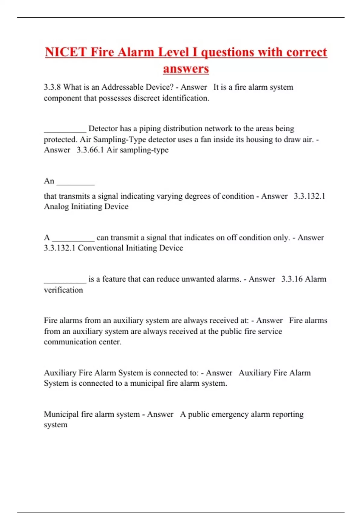 NICET Fire Alarm Level I questions with correct answers - NICET I/II ...