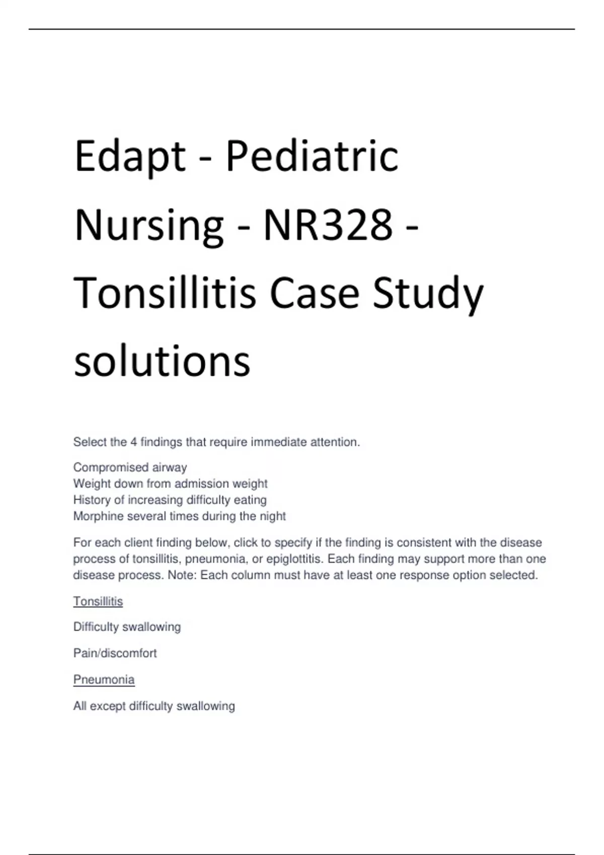 Edapt - Pediatric Nursing - NR328 - Tonsillitis Case Study solutions ...