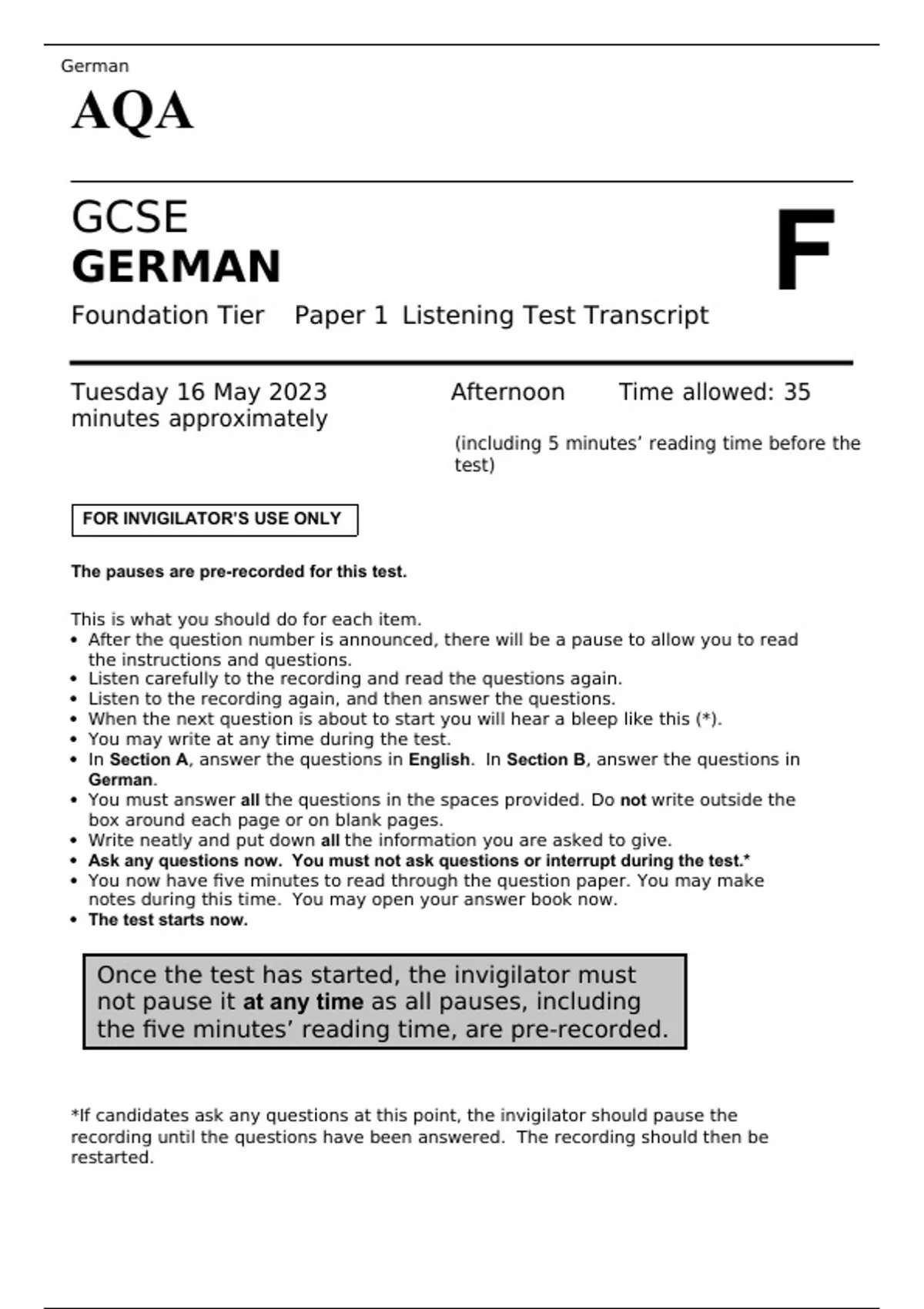 AQA GCSE GERMAN Foundation Tier Paper 1 MAY 2023 TEST TRANSCRIPT ...