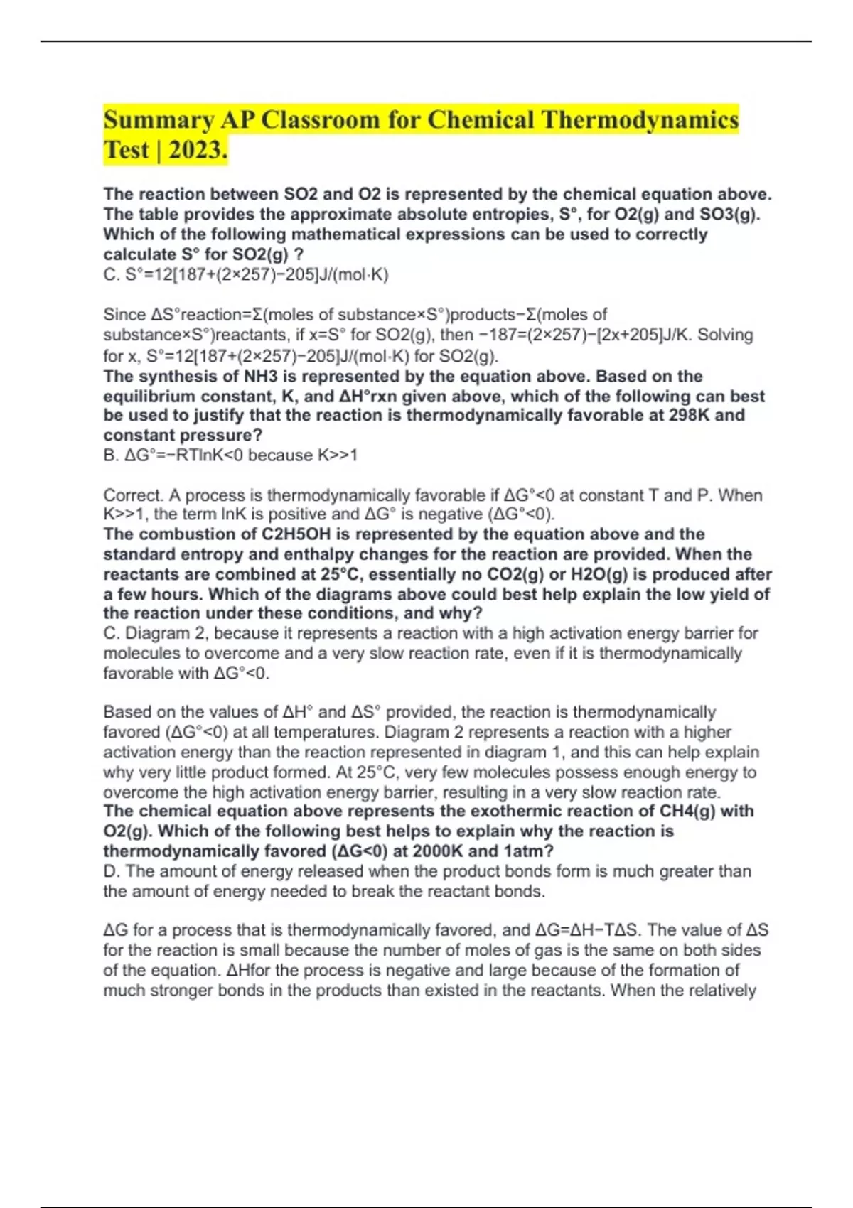 Summary AP Classroom for Chemical Thermodynamics Test | 2023. - AP ...