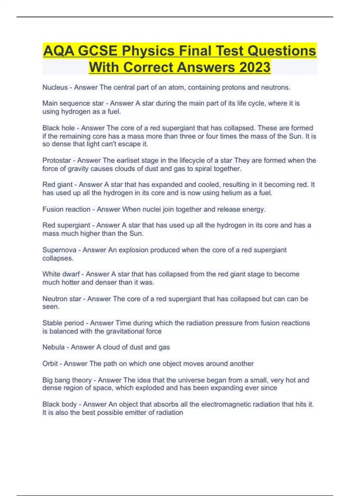 AQA GCSE Physics Final Test Questions With Correct Answers 2023 - AQA ...