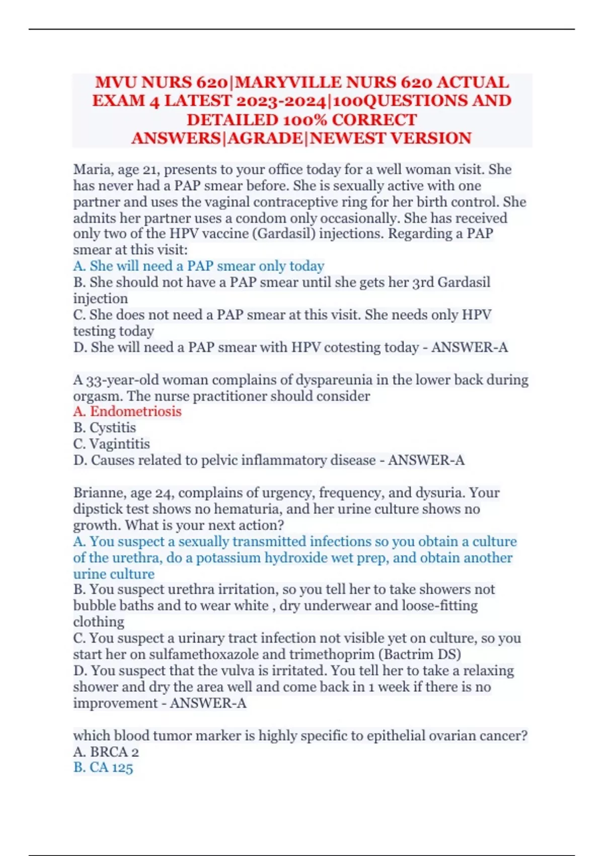 MVU NURS 620|MARYVILLE NURS 620 ACTUAL EXAM 4 LATEST |100QUESTIONS AND ...