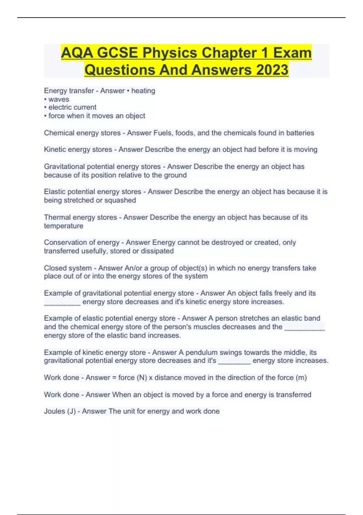 AQA GCSE Physics Chapter 1 Exam Questions And Answers 2023 - AQA ...