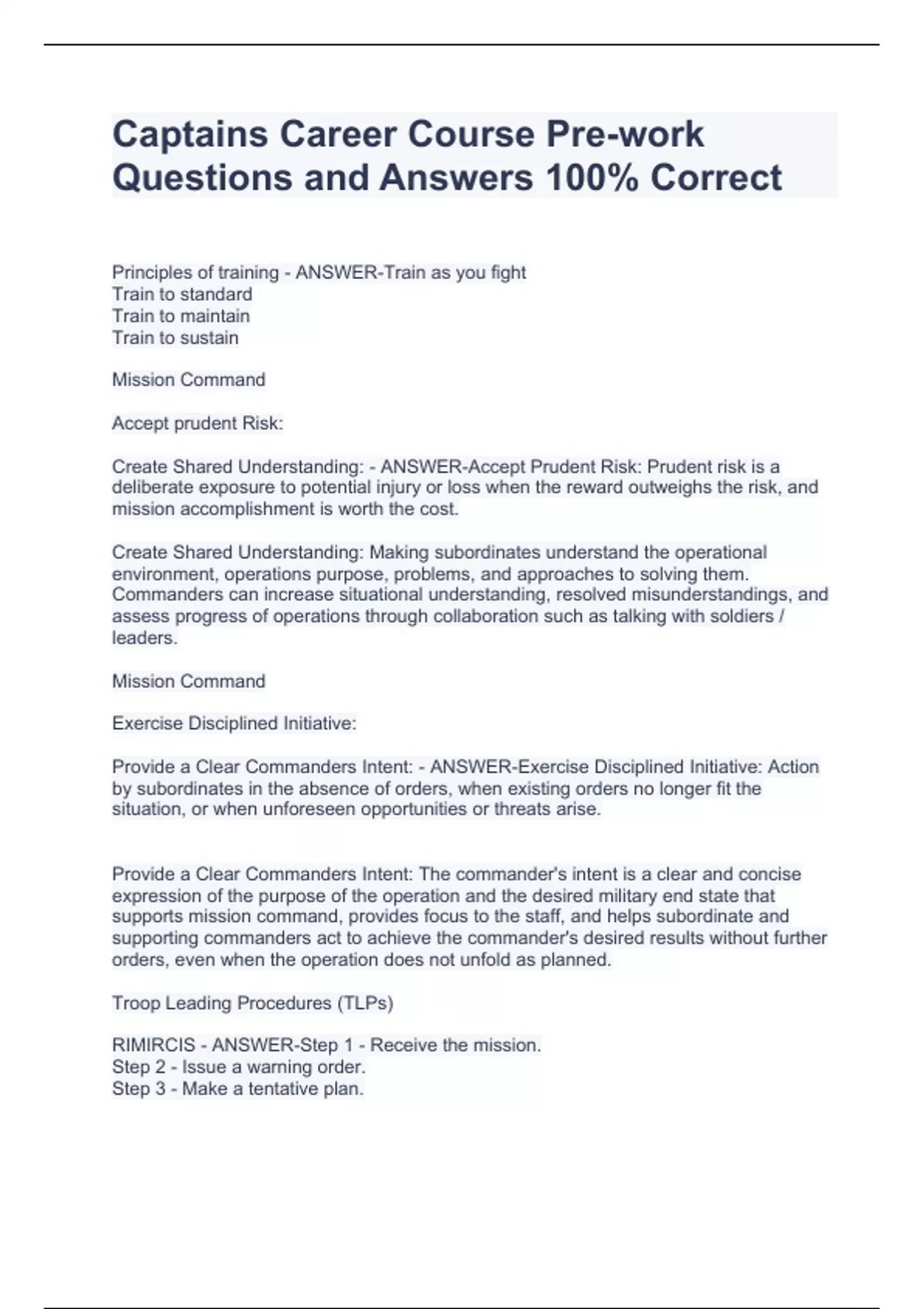 Captains Career Course Pre-work Questions and Answers 100% Correct - Captains Career Course Pre ...