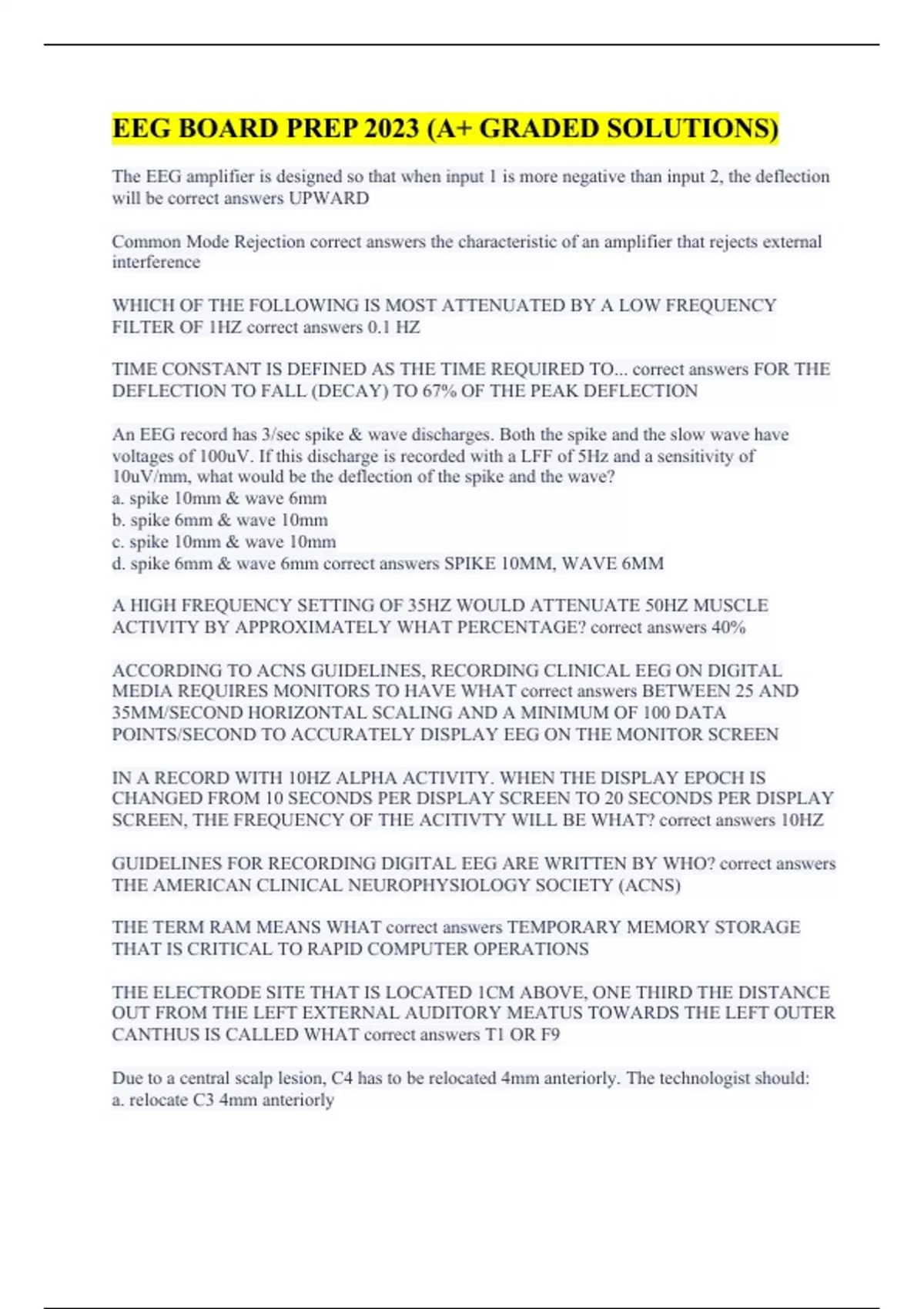 EEG BOARD PREP 2023 (A+ GRADED SOLUTIONS) - EEG BOARD - Stuvia US