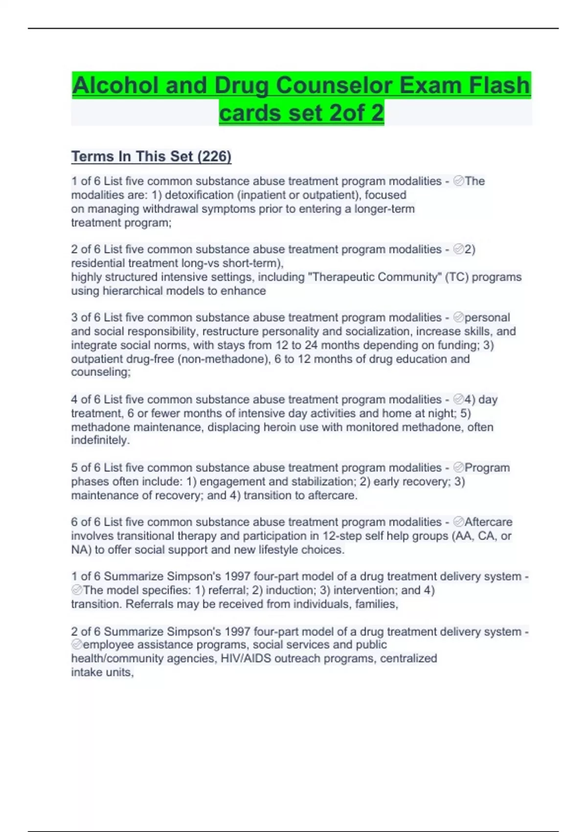 Alcohol and Drug Counselor Exam Flash cards set 2of 2 - GED - General ...