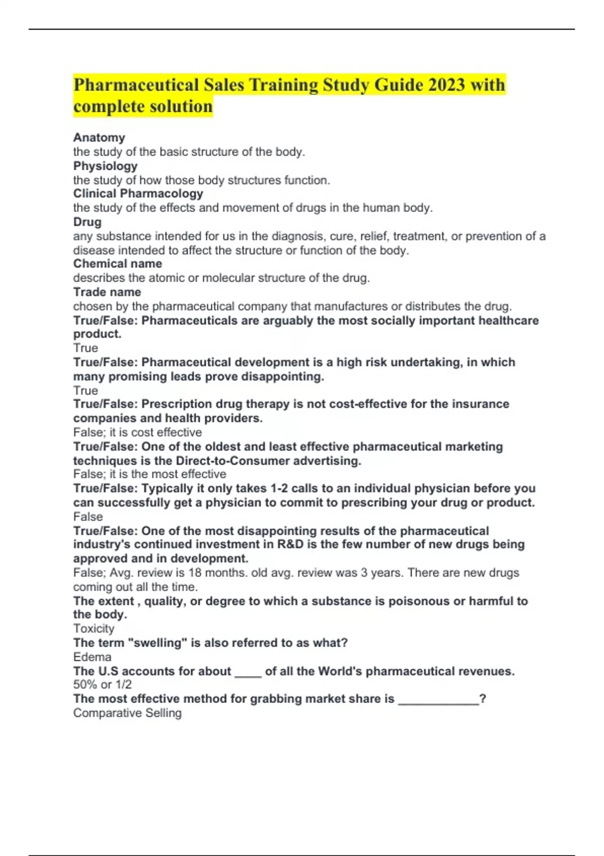 Pharmaceutical Sales Training Study Guide 2023 with complete solution - Pharmaceutical Sales ...