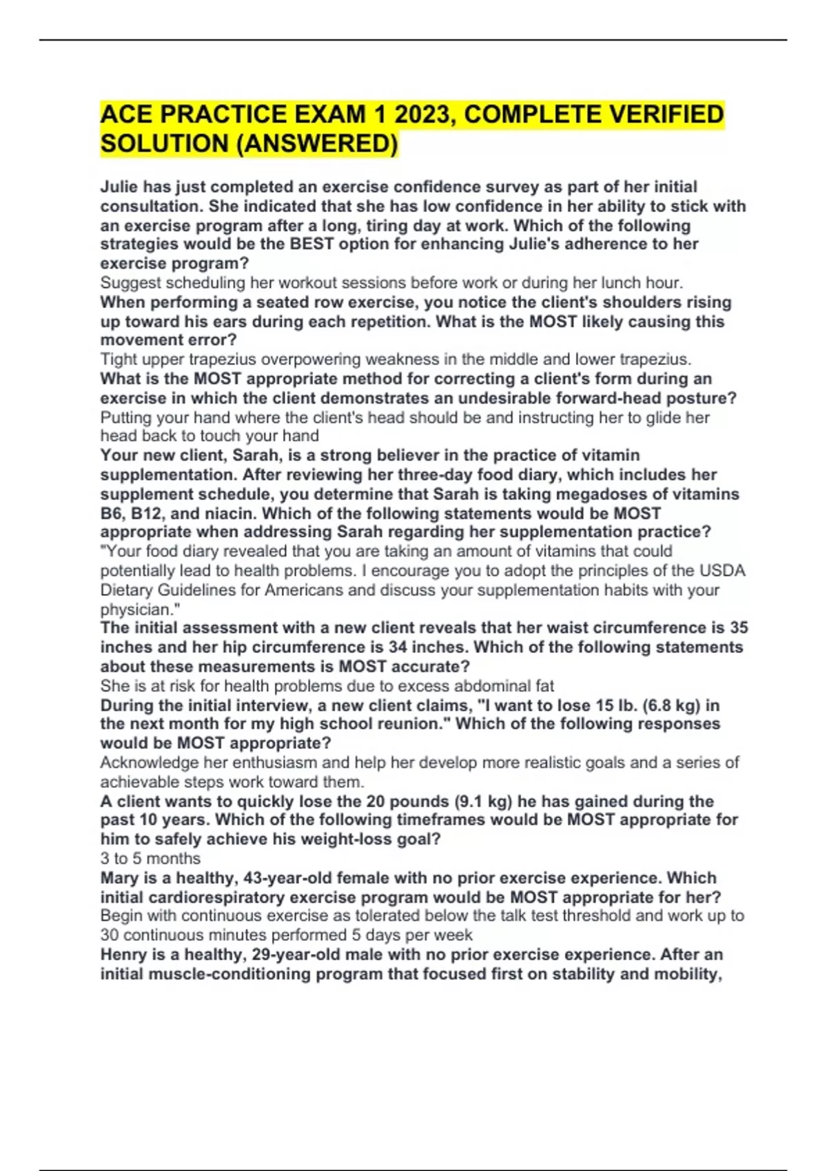 Ace Practice Exam 1 2023 Complete Verified Solution Answered Ace Stuvia Us