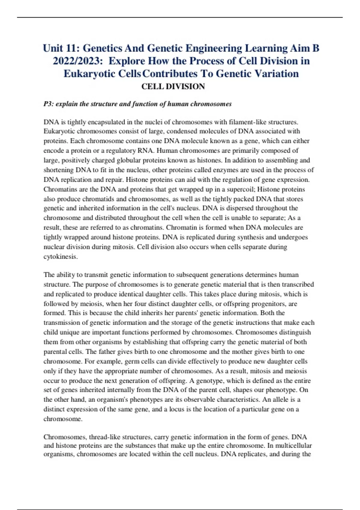 Unit 11: Genetics And Genetic Engineering Learning Aim B 2022/2023 ...