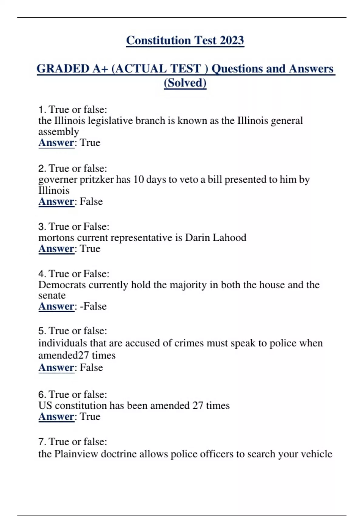 Constitution Test 2023 GRADED A+ (ACTUAL TEST ) Questions and Answers ...