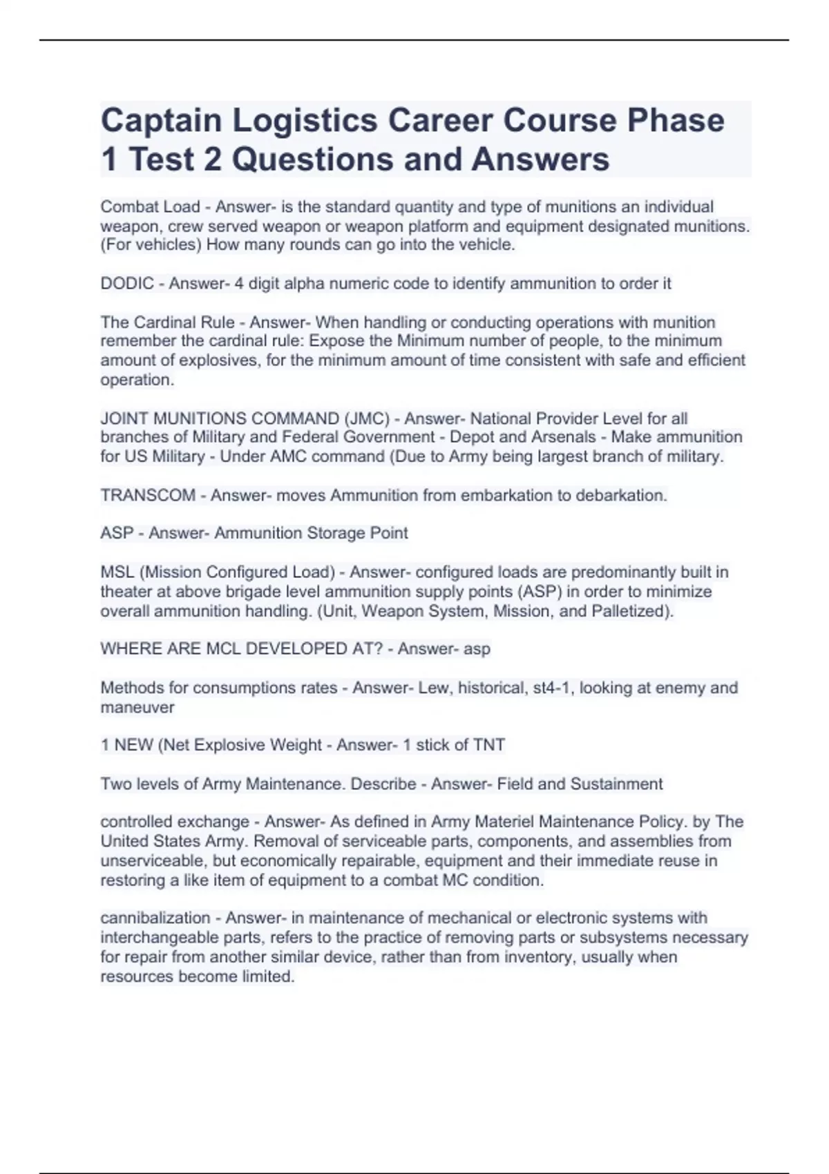 Captain Logistics Career Course Phase 1 Test 2 Questions and Answers ...