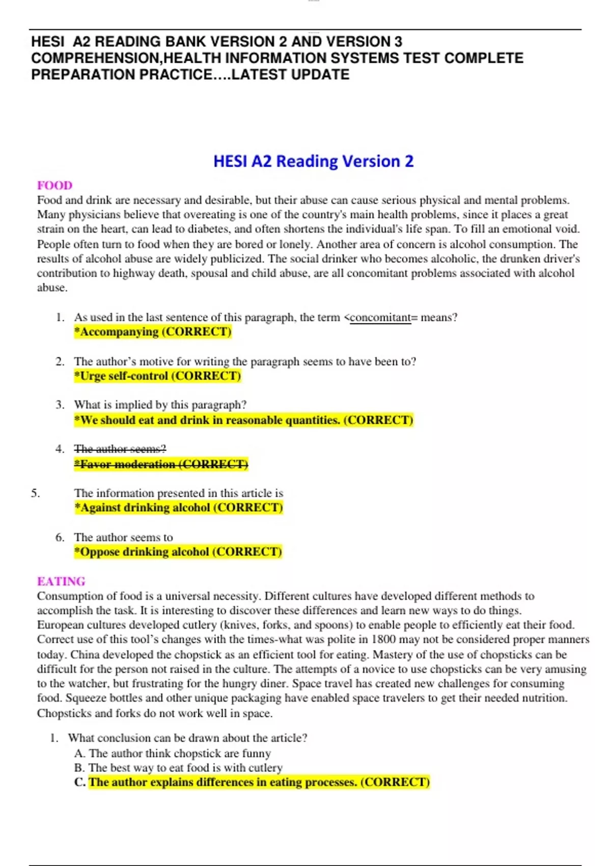 HESI A2 READING BANK VERSION 2 AND VERSION 3 HESI A2 READING BANK ...