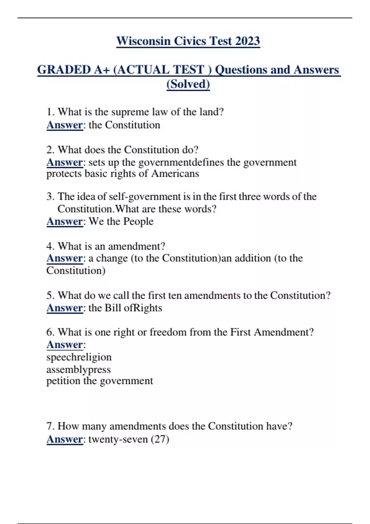 Wisconsin Civics Test 2023 GRADED A+ (ACTUAL TEST ) Questions and ...