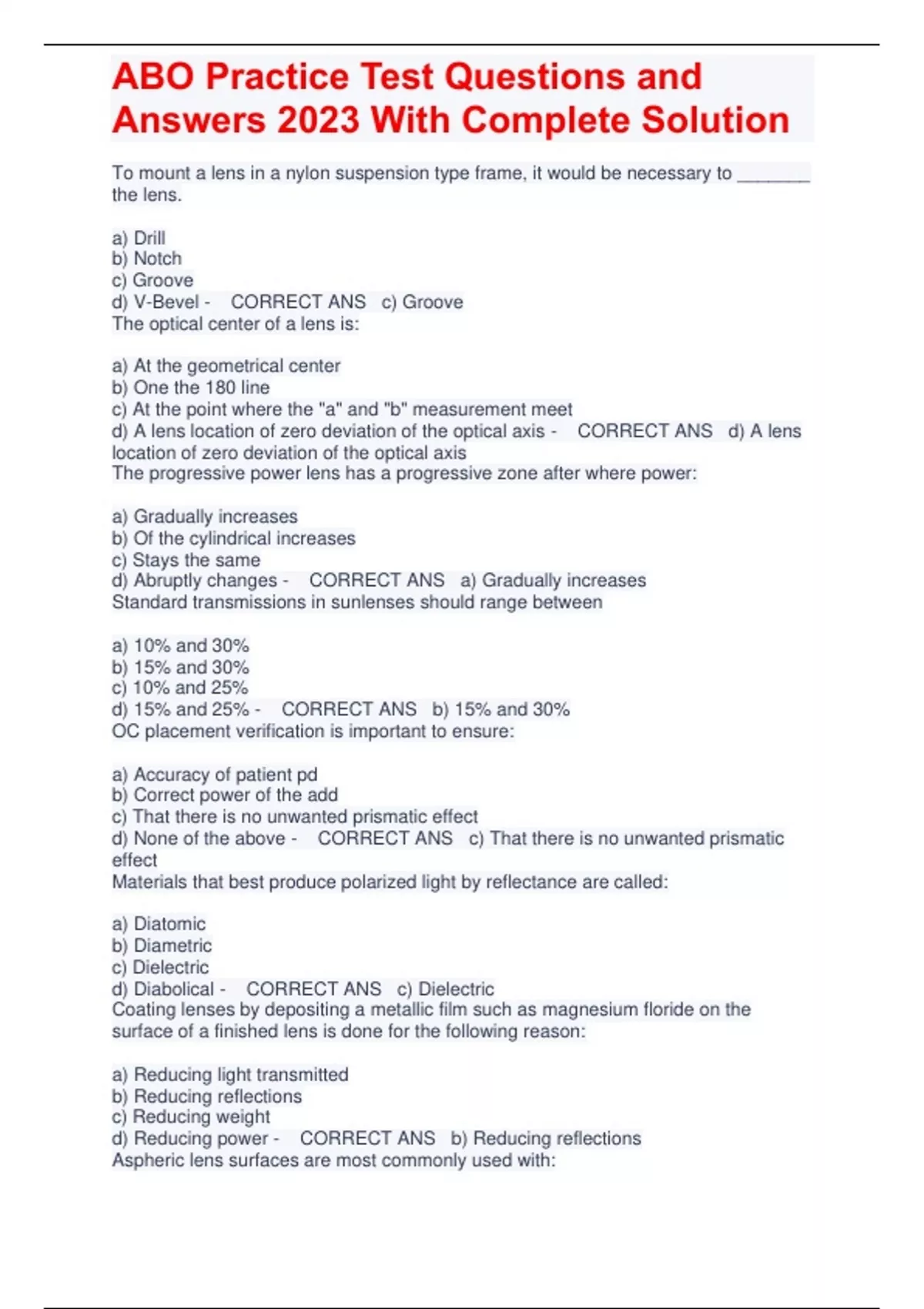 ABO Practice Test Questions and Answers 2023 With Complete Solution ...