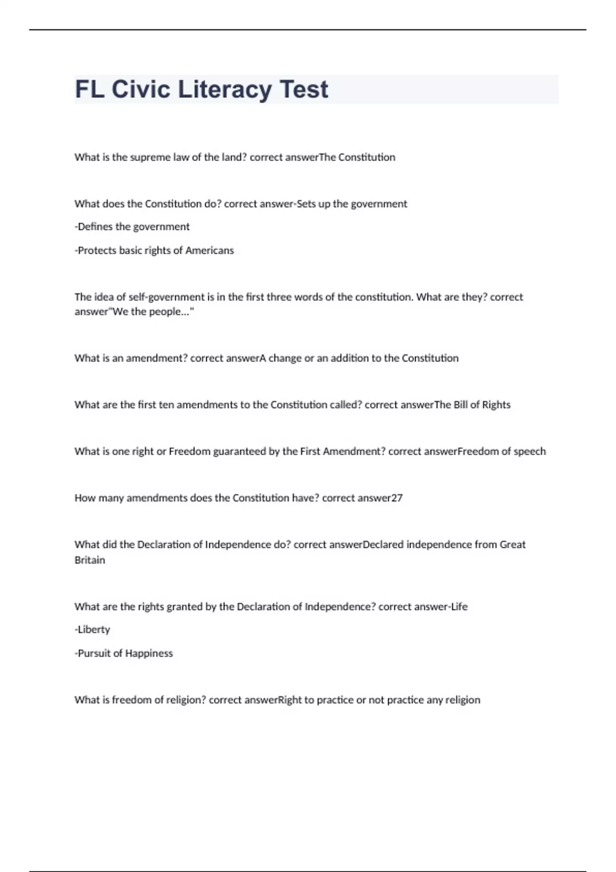 FL Civic Literacy Test exam 2023 with 100% correct answers - FL Civic ...