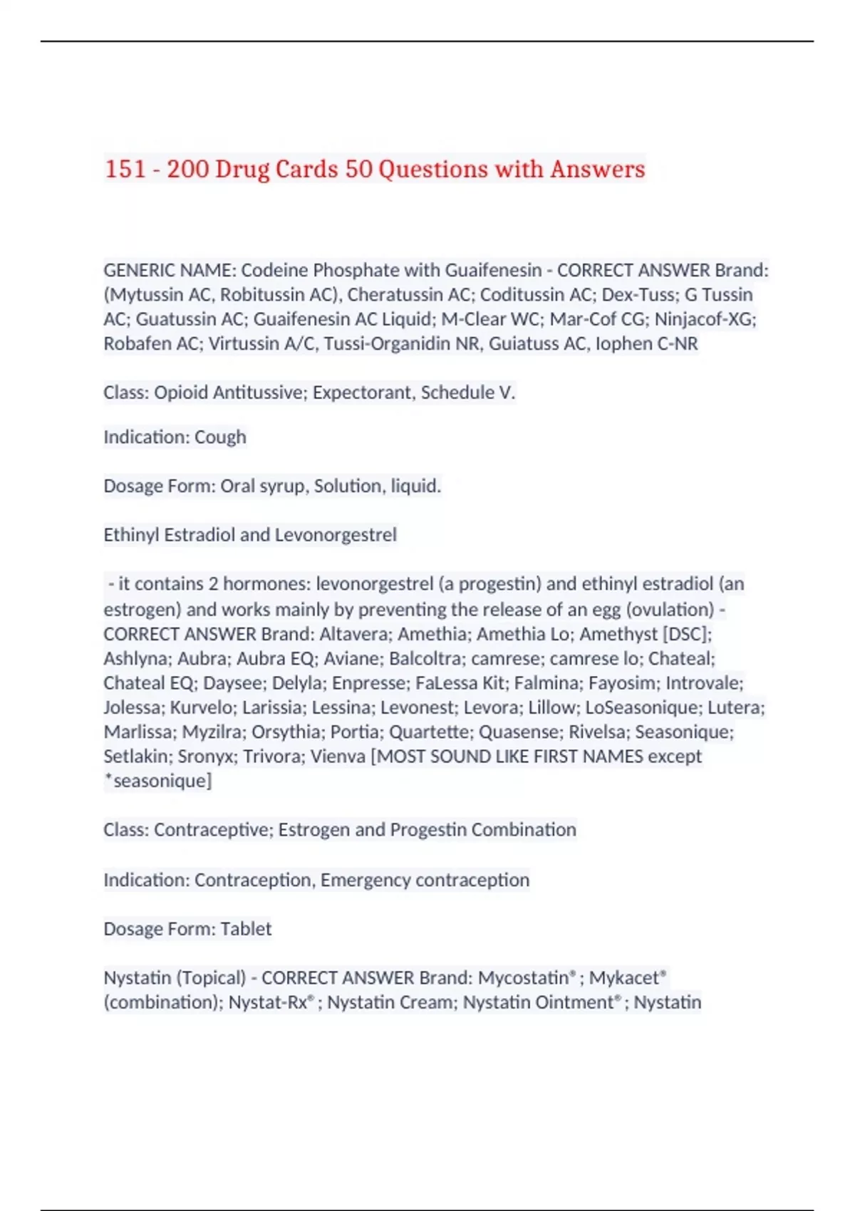 151 - 200 Drug Cards 50 Questions with Answers,100% CORRECT - 151 - 200 ...