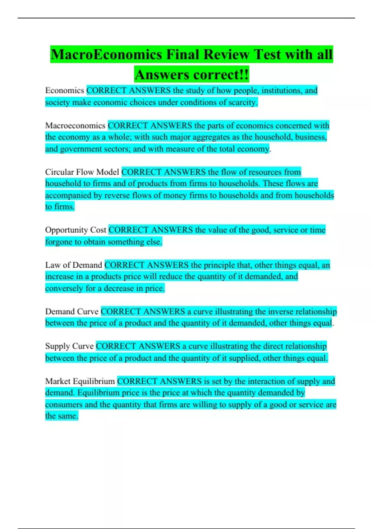 Macroeconomics Final Review Test With All Answers Correct Macroeconomics Stuvia Us