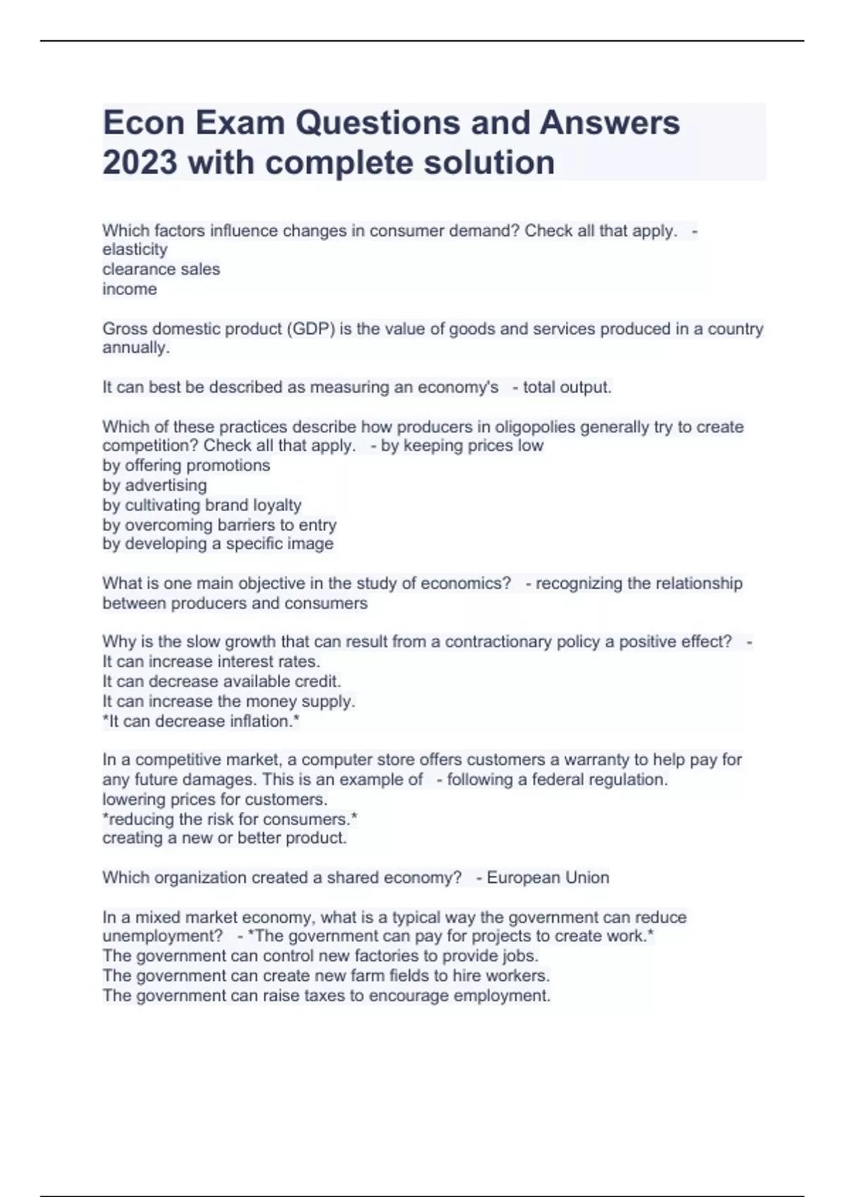 Econ Exam Questions and Answers 2023 with complete solution - Econ ...