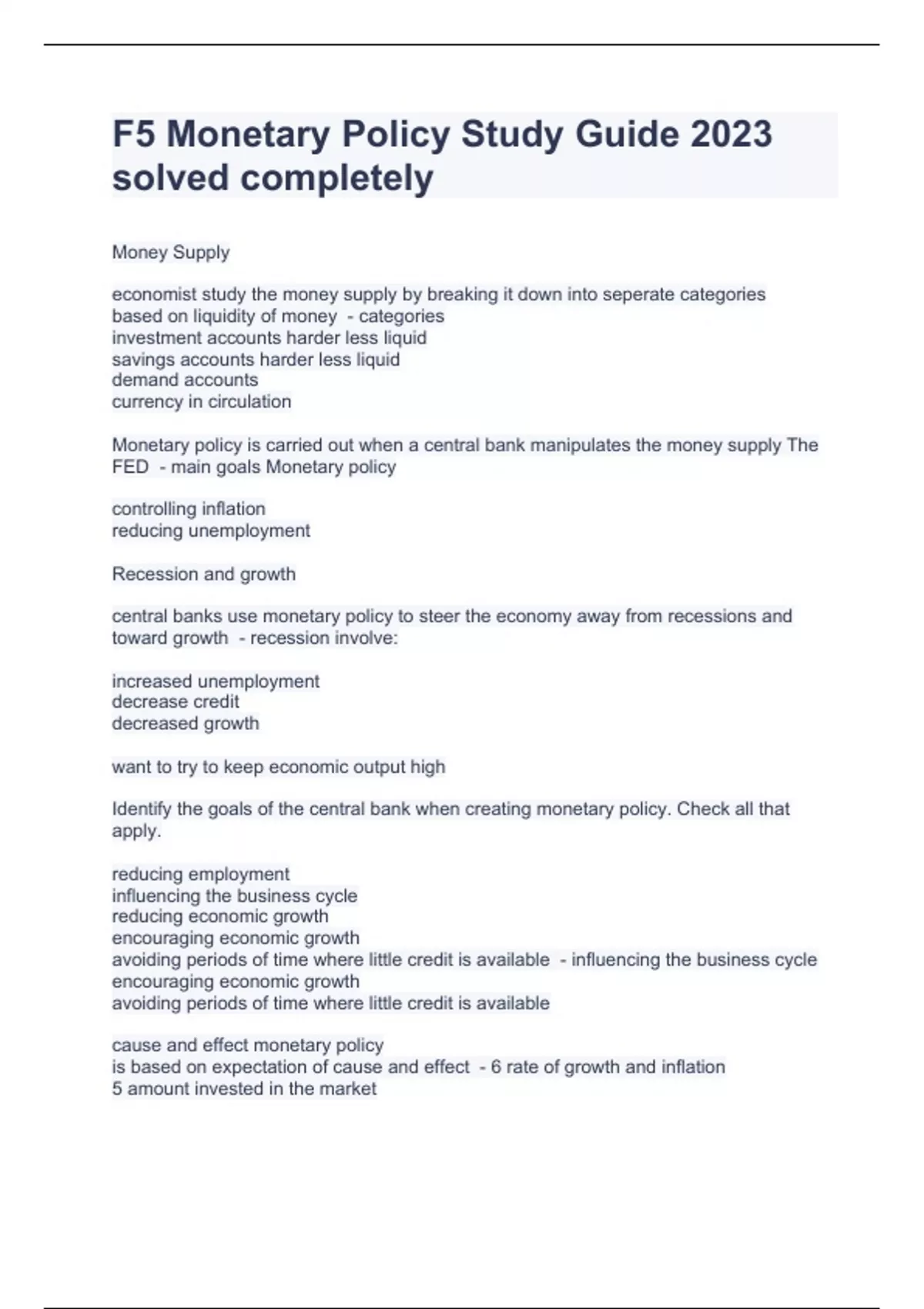 F5 Monetary Policy Study Guide 2023 solved completely - F5 Monetary Policy - Stuvia US