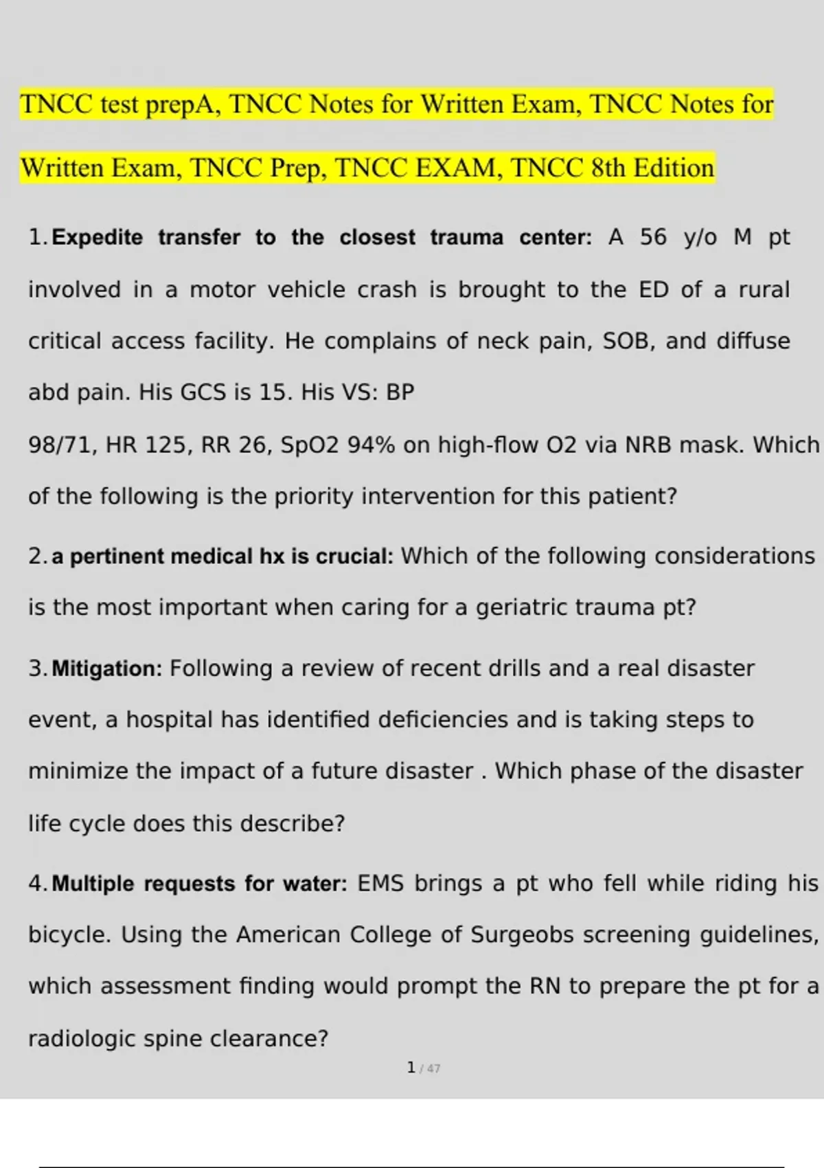 TNCC test prepA, TNCC Notes for Written Exam, TNCC Notes for Written ...