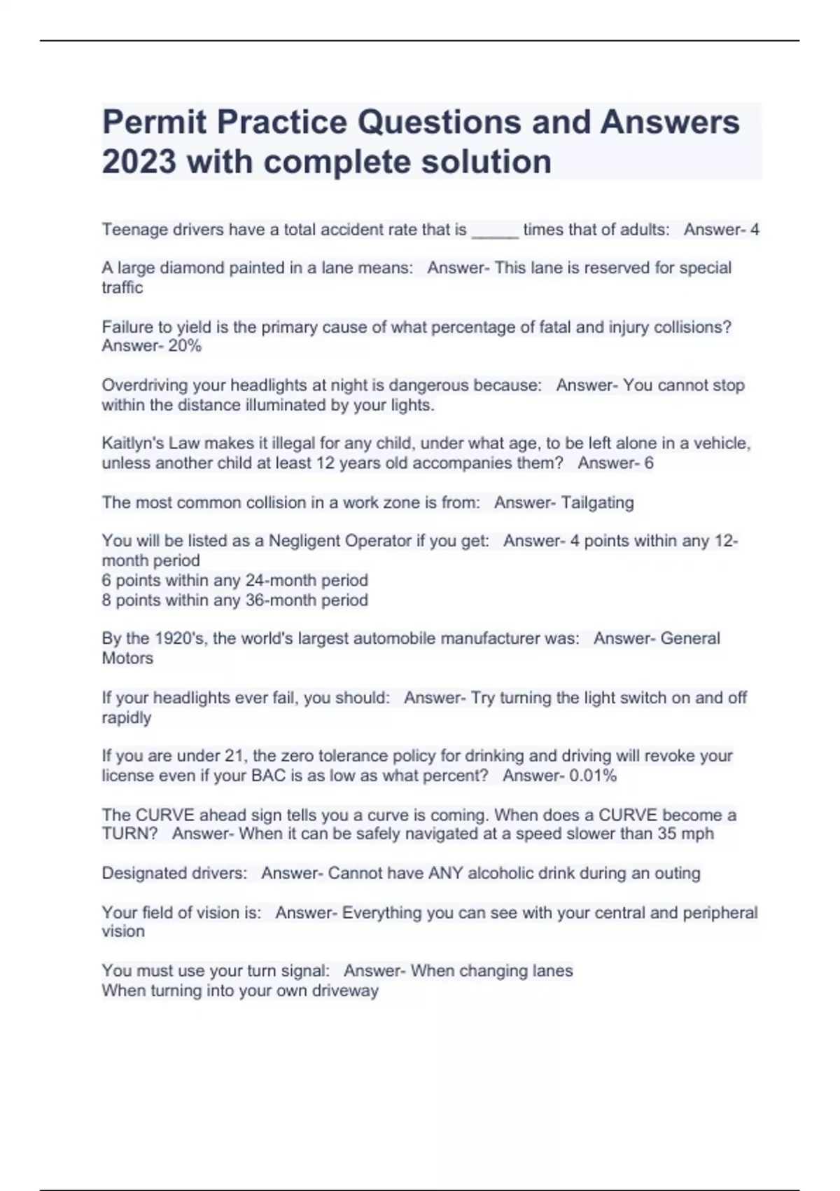 Permit Practice Questions and Answers 2023 with complete solution ...