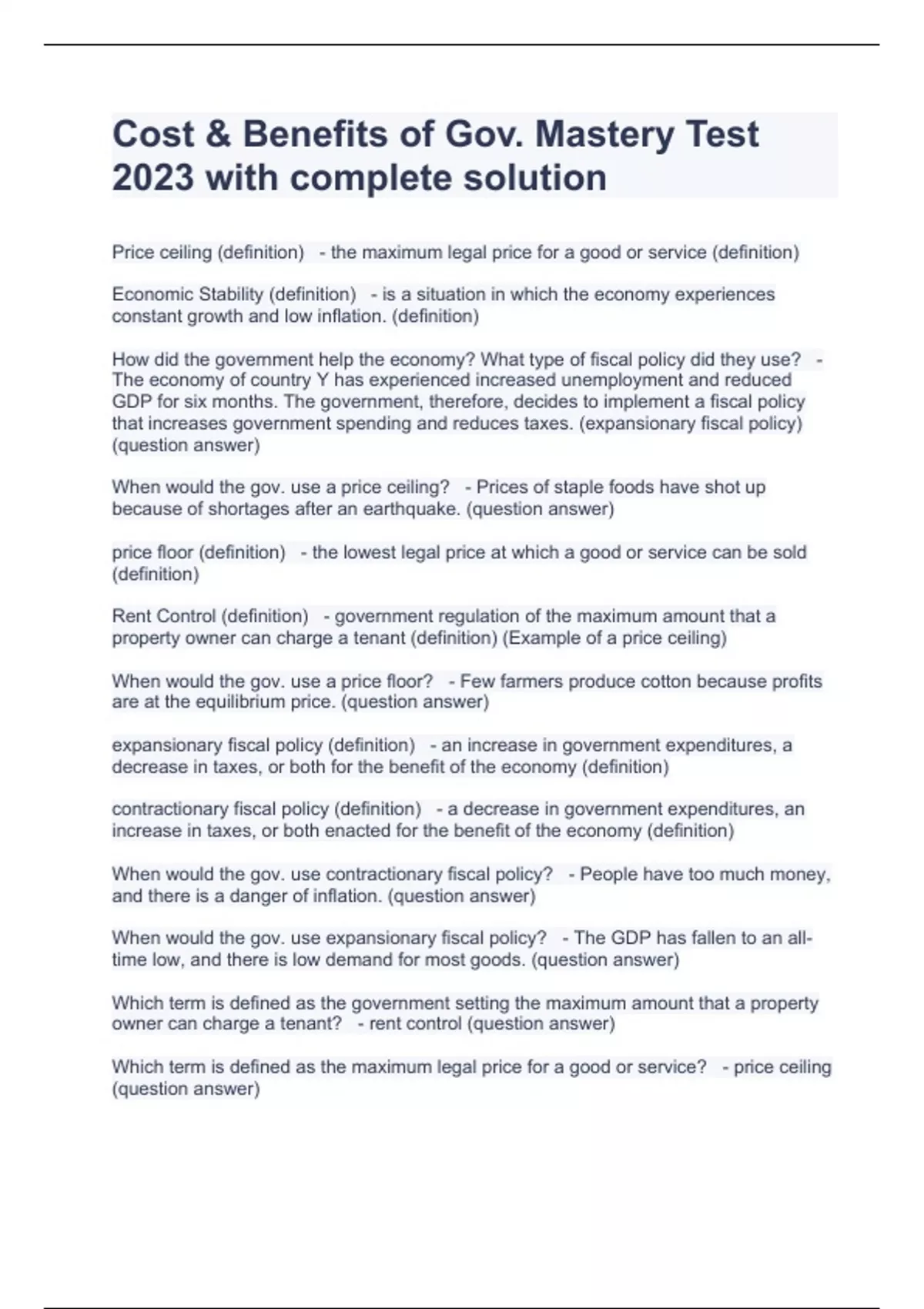 Cost & Benefits of Gov. Mastery Test 2023 with complete solution - Cost ...