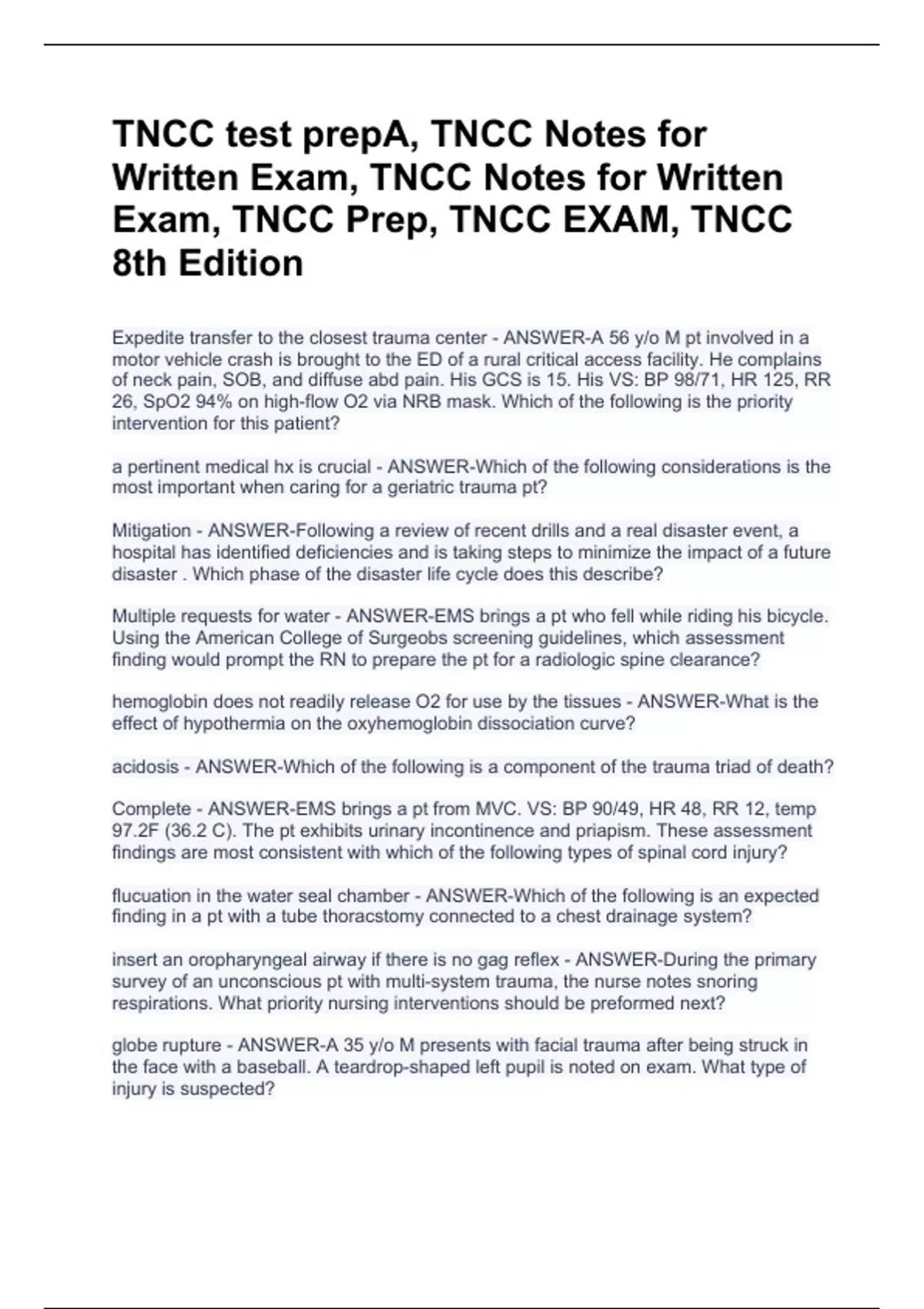TNCC EXAMS COMPILATION (BUNDLE) 2023/2024| Complete Questions and ...