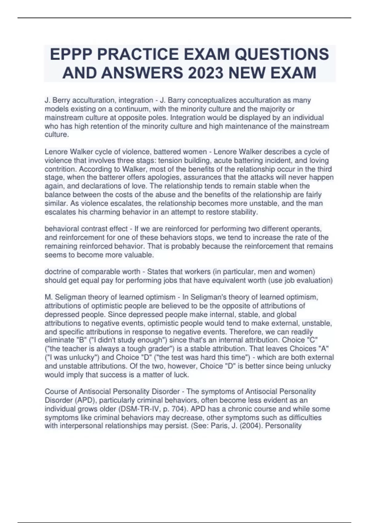 EPPP PRACTICE EXAM QUESTIONS AND ANSWERS 2023 NEW EXAM - EPPP - Stuvia US