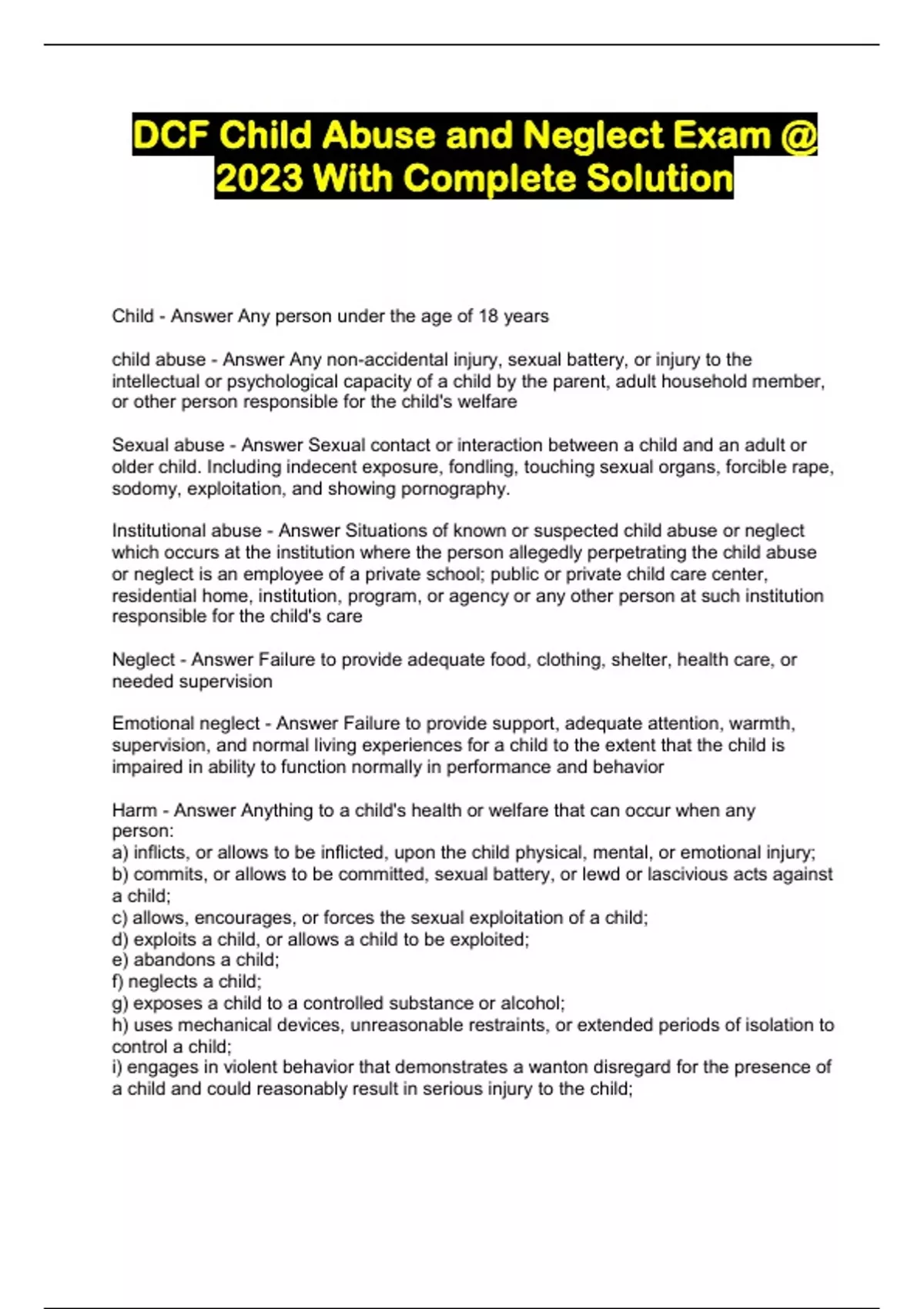 DCF Child Abuse and Neglect Exam @ 2023 With Complete Solution - DCF ...