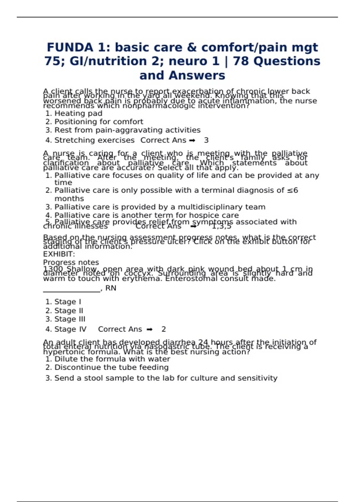 FUNDA 1: basic care & comfort/pain mgt 75; GI/nutrition 2; neuro 1 | 78 ...