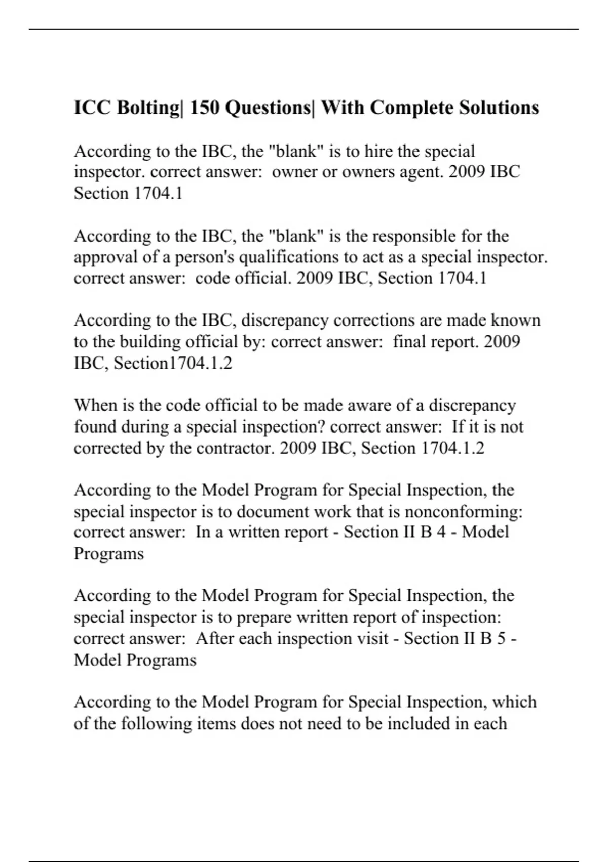 ICC Bolting| 150 Questions| With Complete Solutions - ICC - Stuvia US