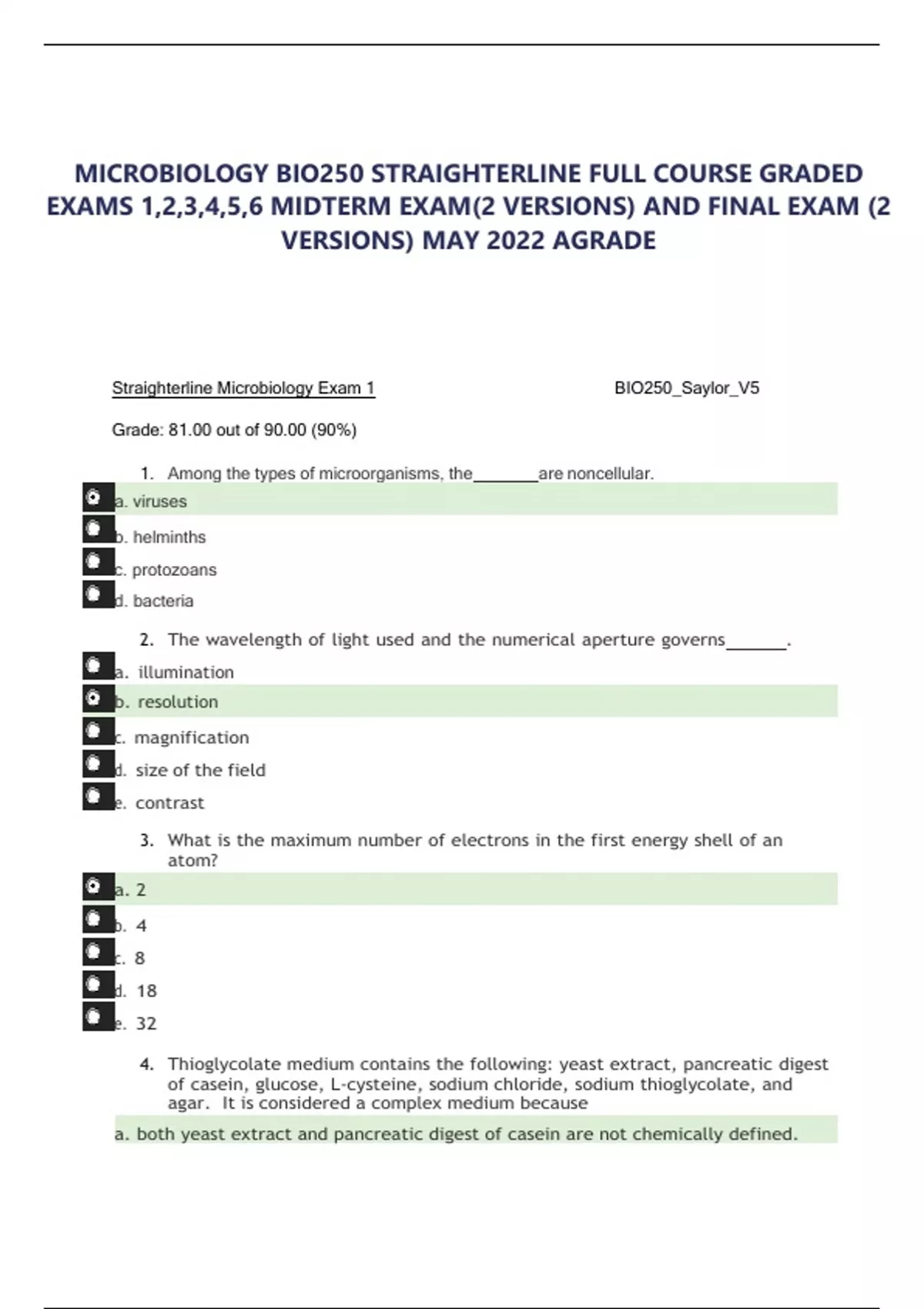 MICROBIOLOGY BIO250 STRAIGHTERLINE FULL COURSE GRADED EXAMS 1,2,3,4,5,6 ...