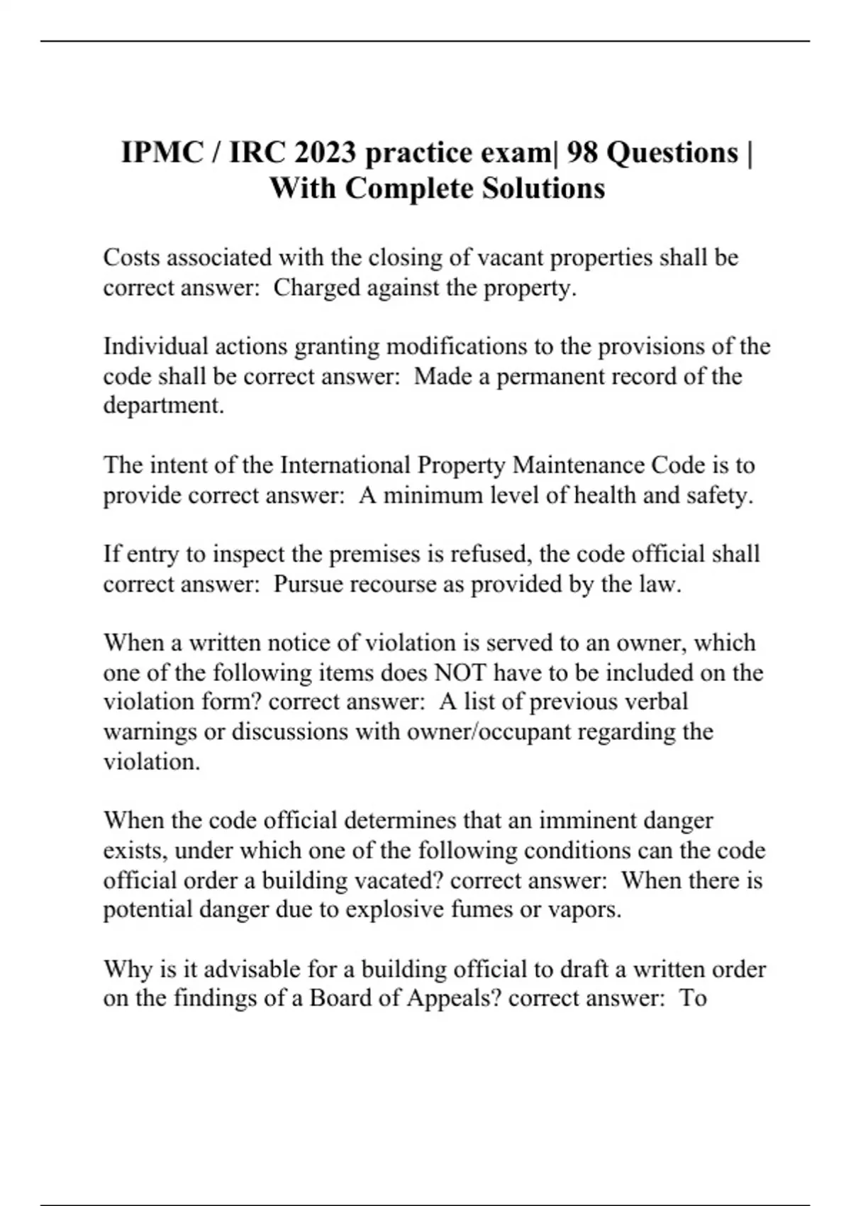 IPMC / IRC 2023 practice exam| 98 Questions | With Complete Solutions - IRC - Stuvia US