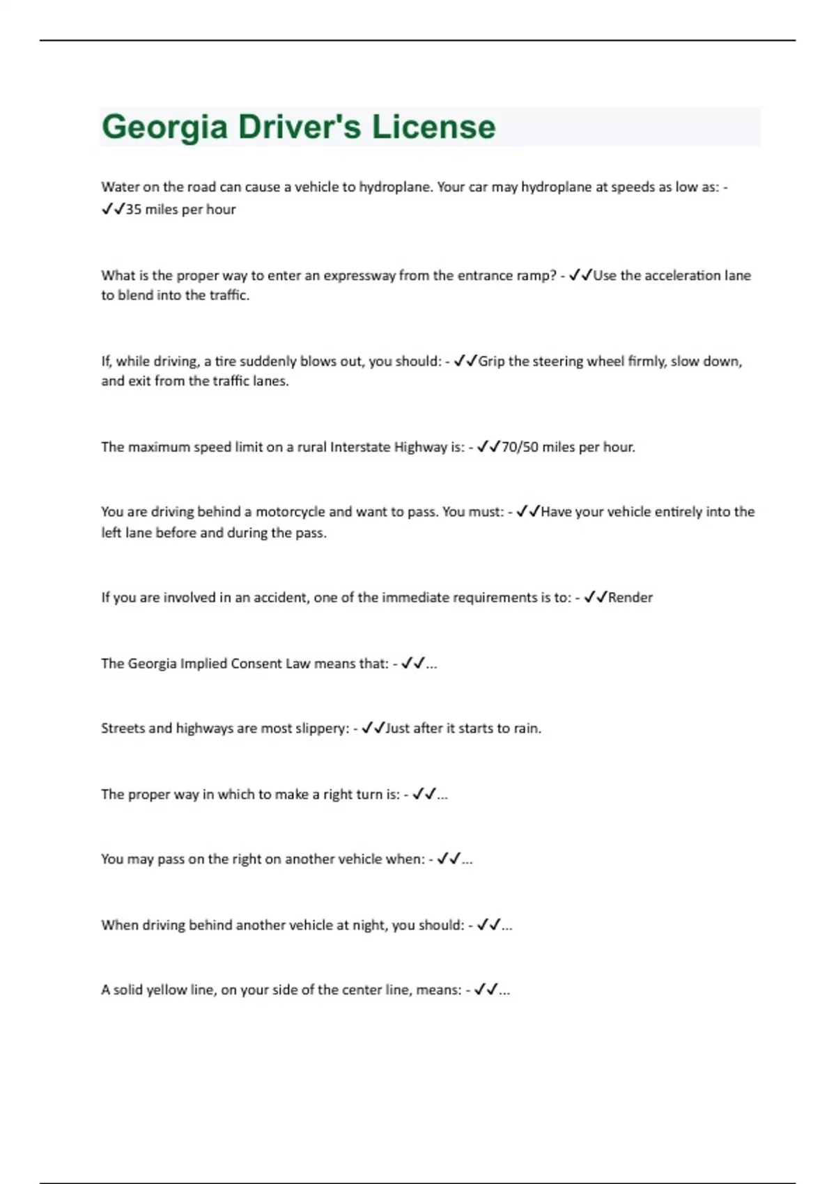 Georgia Driver's License | Questions with 100 % Correct Answers ...