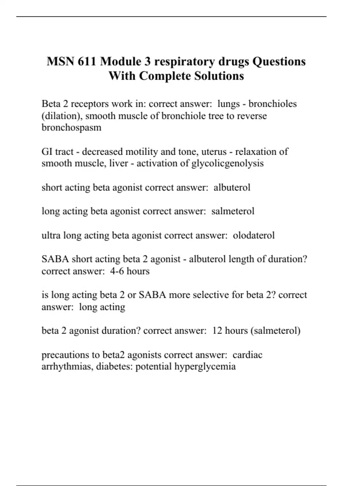 MSN 611 Module 3 respiratory drugs Questions With Complete Solutions ...